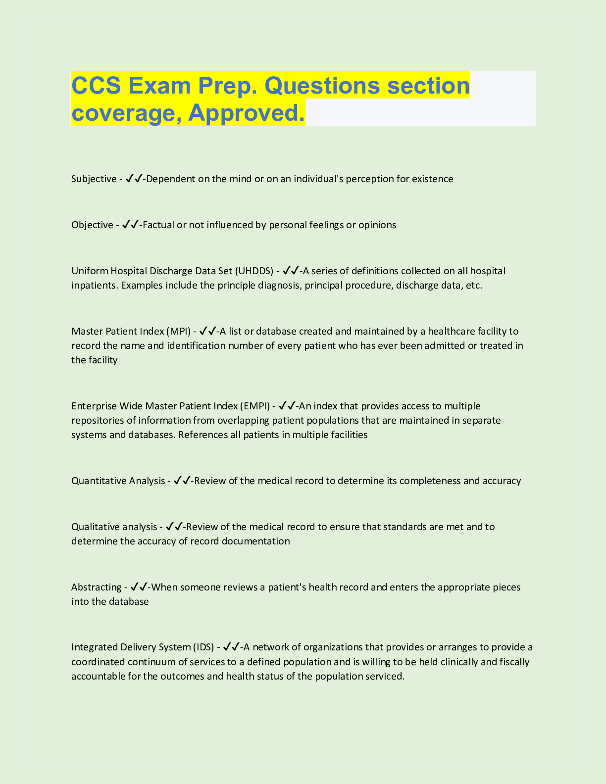 CCS Exam Prep. Questions section coverage, Approved. – Scholarfriends ...