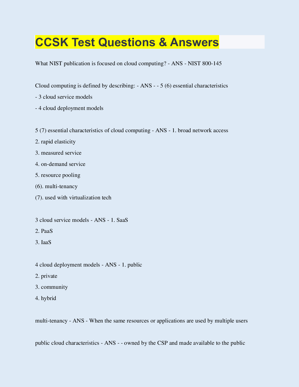 CCSK Test Questions & Answers | 300 Questions with 100% Correct Answers ...