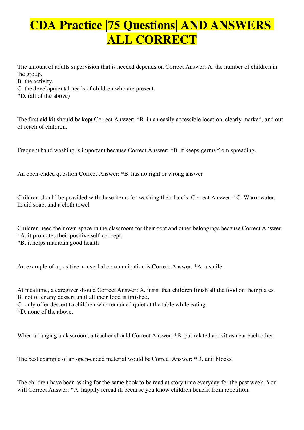 CDA Practice |75 Questions| AND ANSWERS ALL CORRECT - Scholarfriends