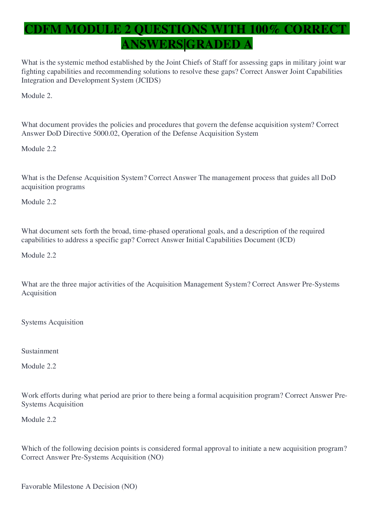 CDFM MODULE 2 QUESTIONS WITH 100% CORRECT ANSWERS|GRADED A - Scholarfriends