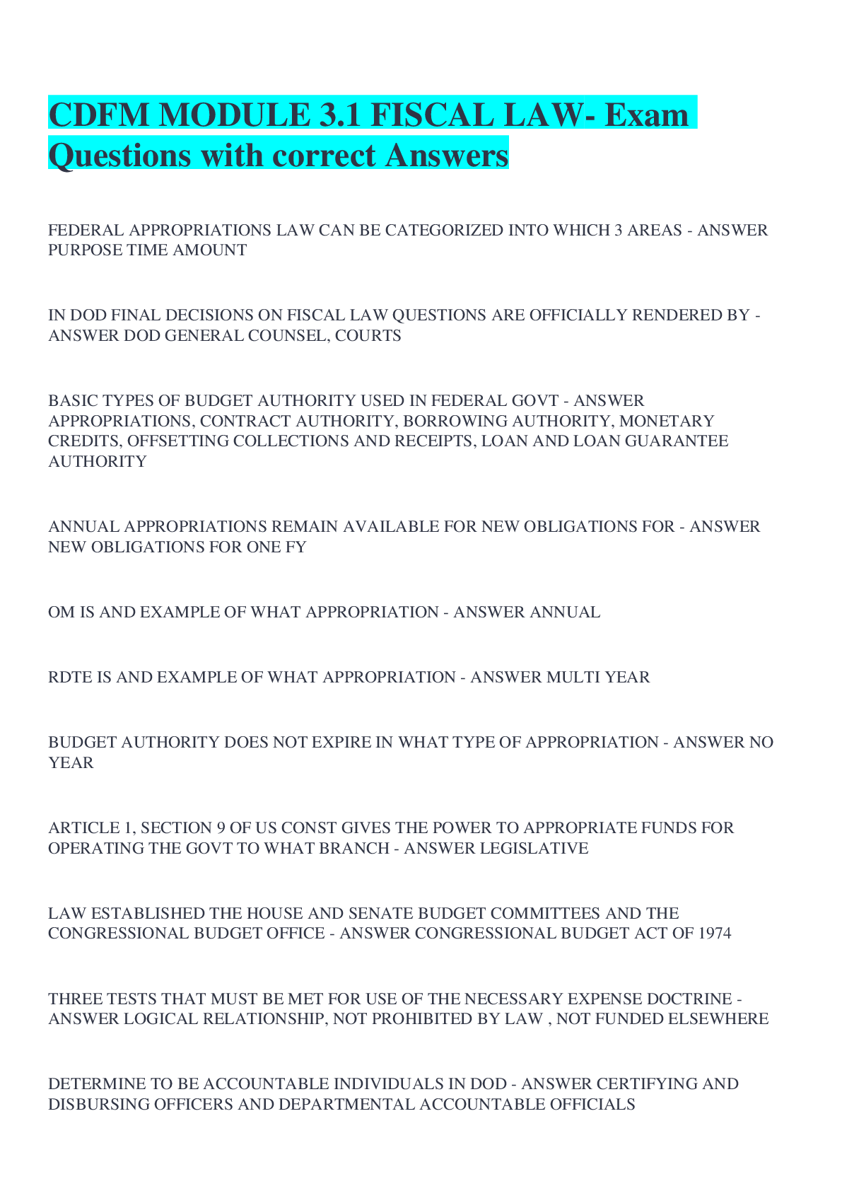 CDFM MODULE 3.1 FISCAL LAW- Exam Questions with correct Answers ...