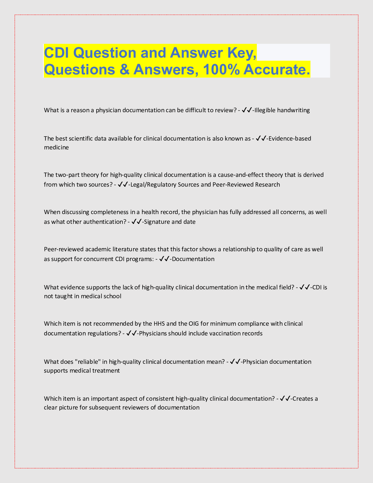 CDI Question and Answer Key, Questions & Answers, 100% Accurate ...