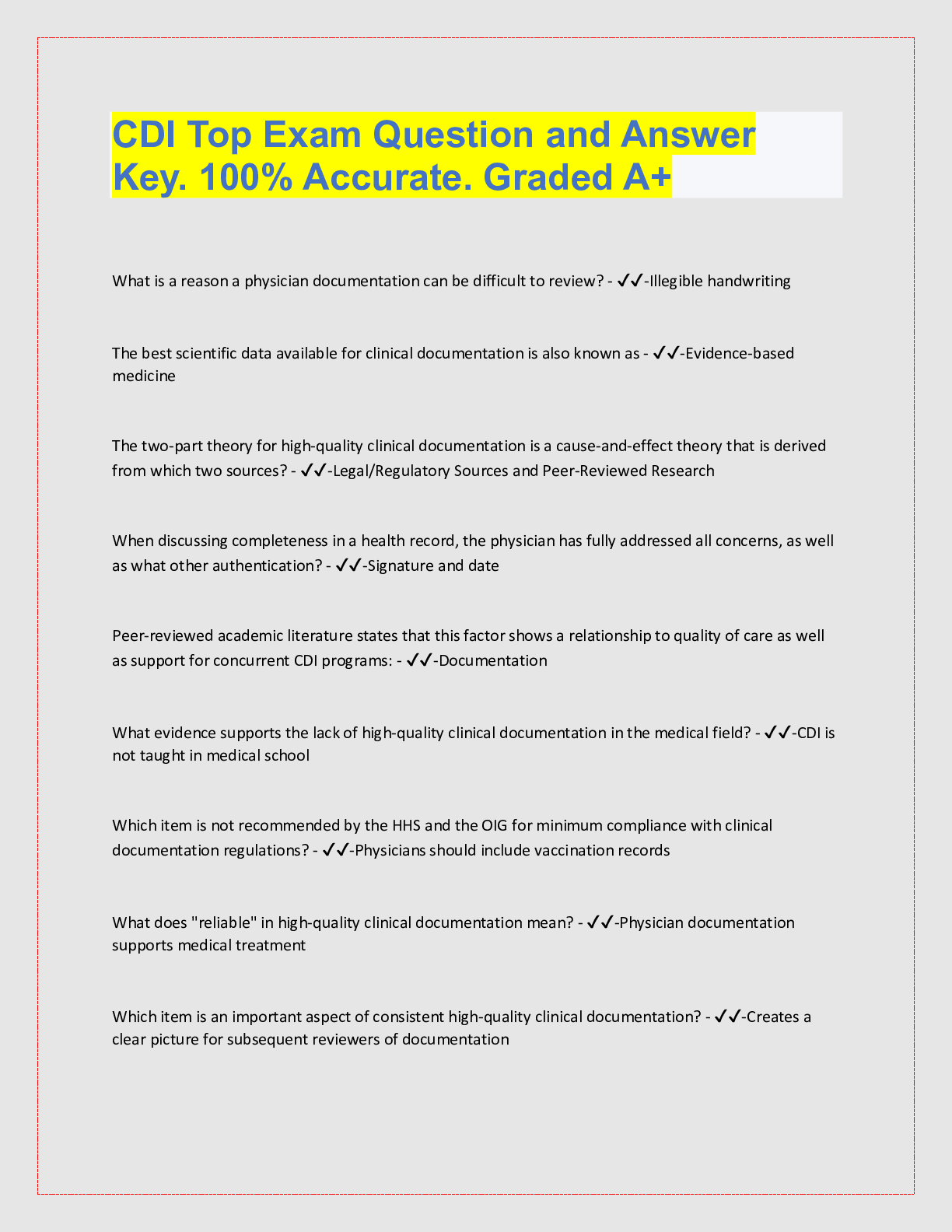 CDI Top Exam Question and Answer Key. 100% Accurate. Graded A+ ...