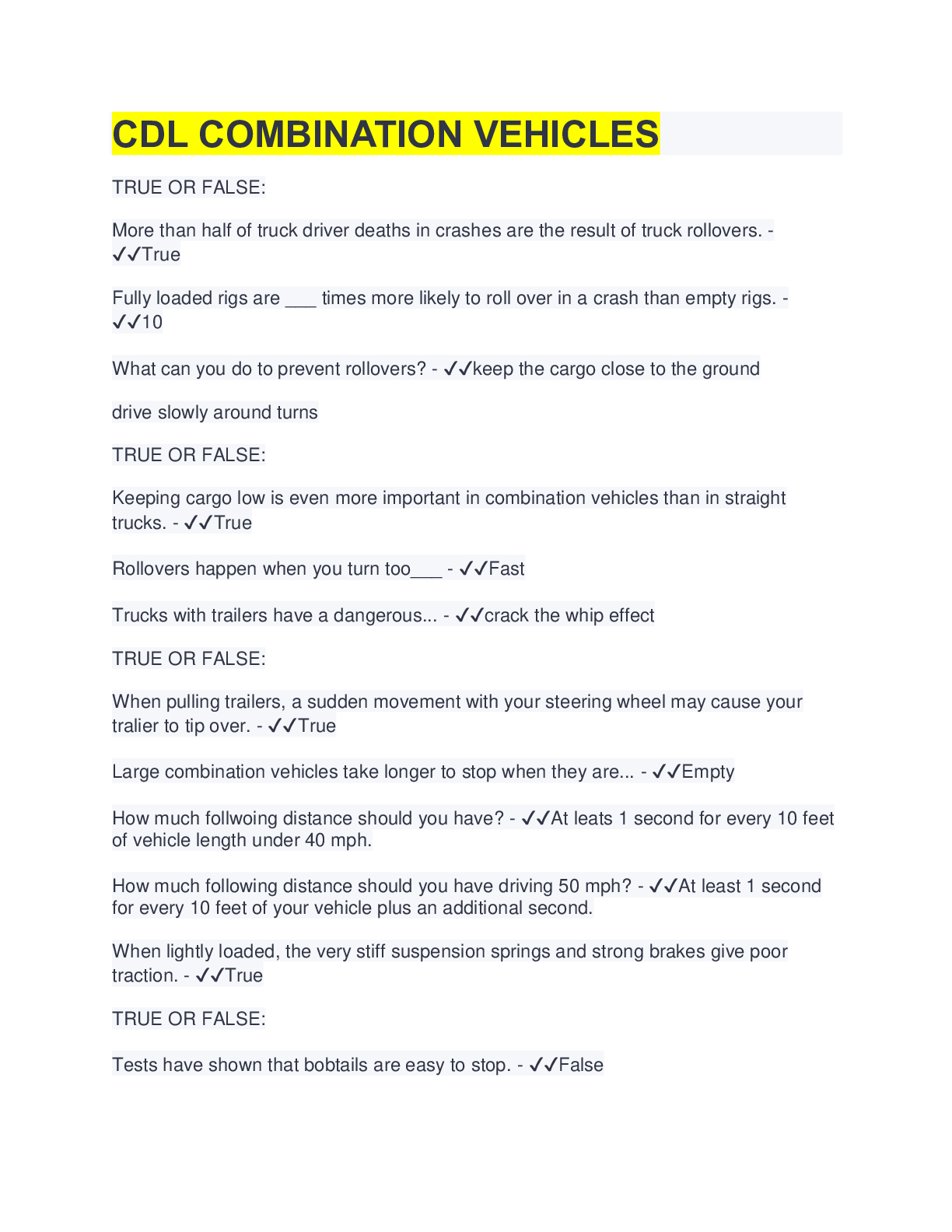 CDL COMBINATION VEHICLES | 100% Correct Answers – Scholarfriends ...