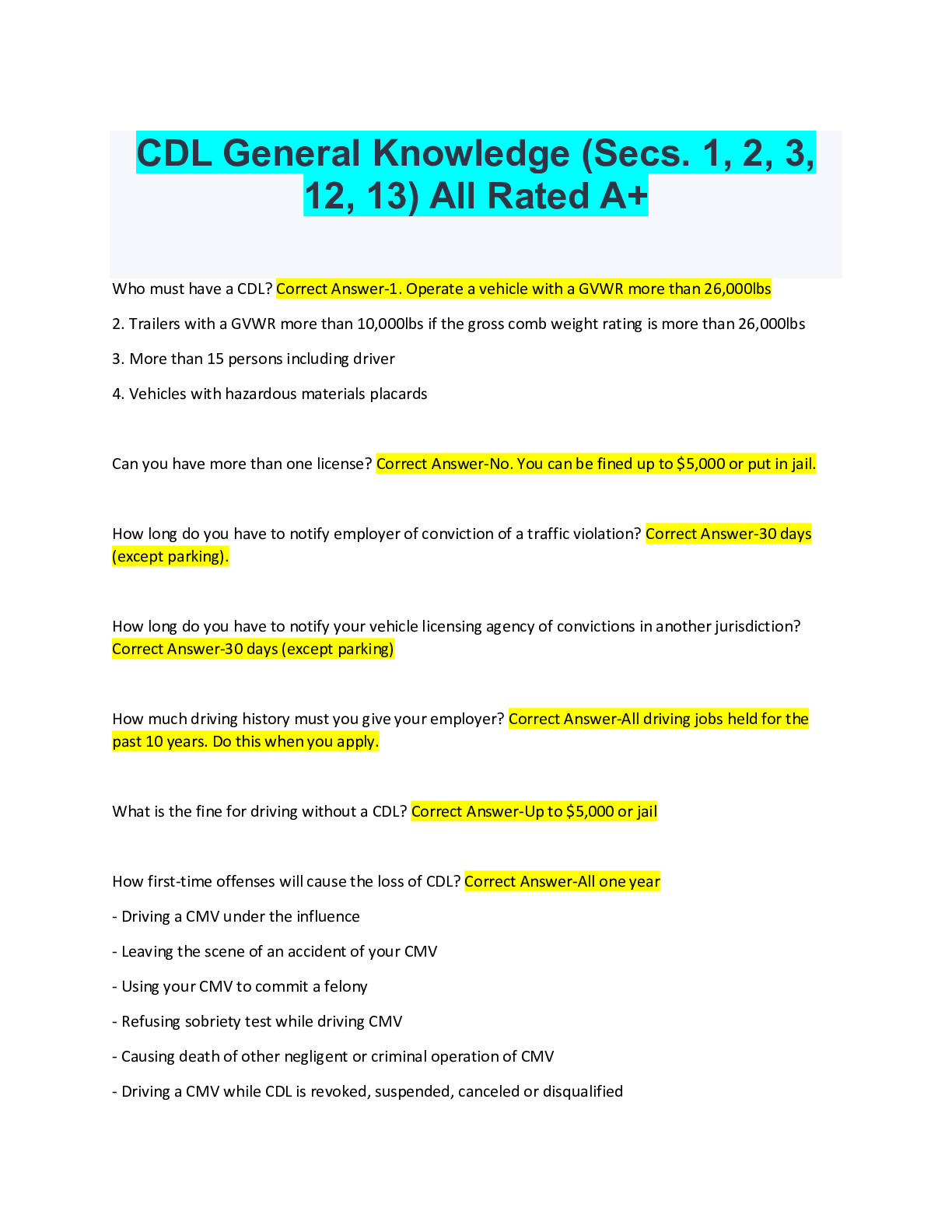 CDL General Knowledge (Secs. 1, 2, 3, 12, 13) All Rated A+ - Scholarfriends