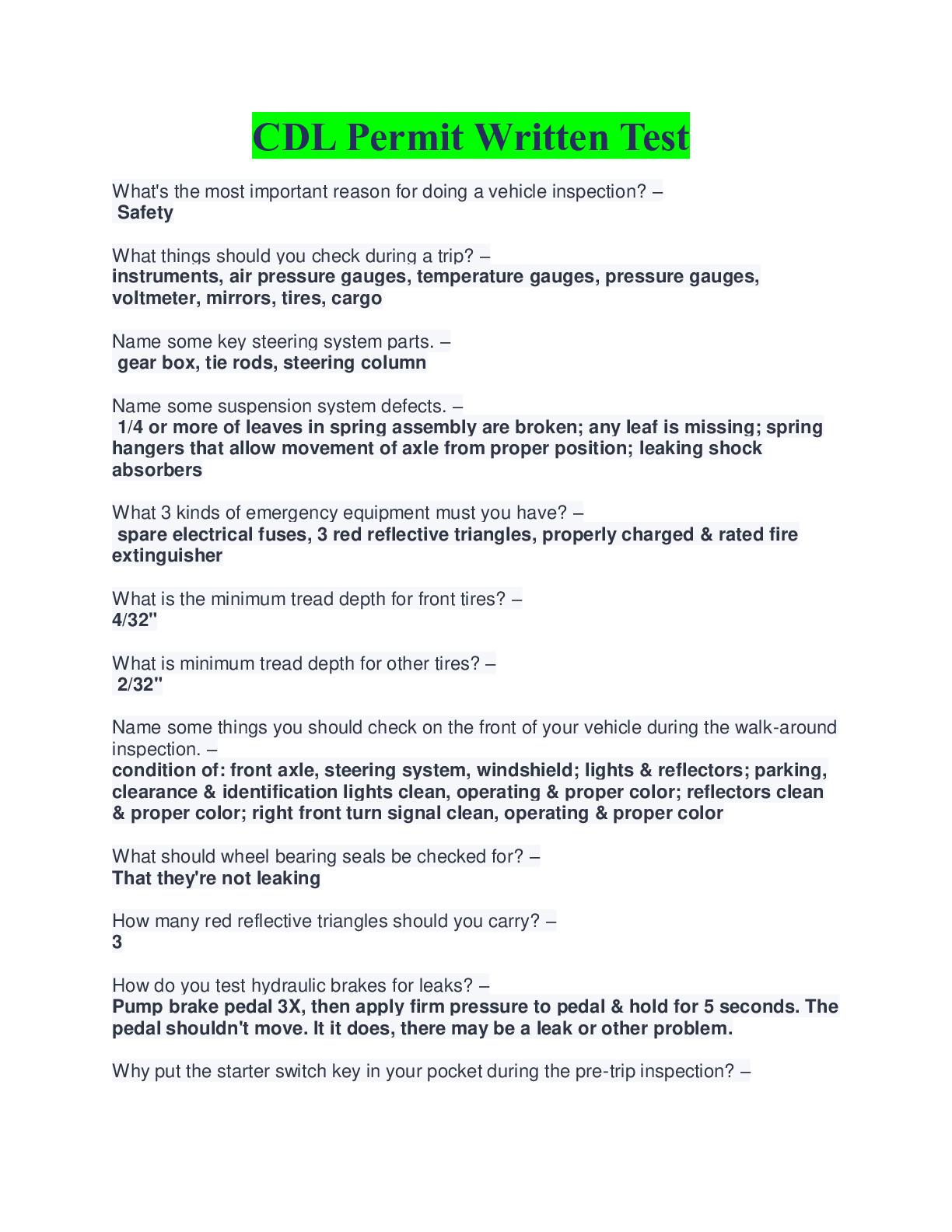 CDL Permit Written Test Questions And Answers( With Complete Solution ...