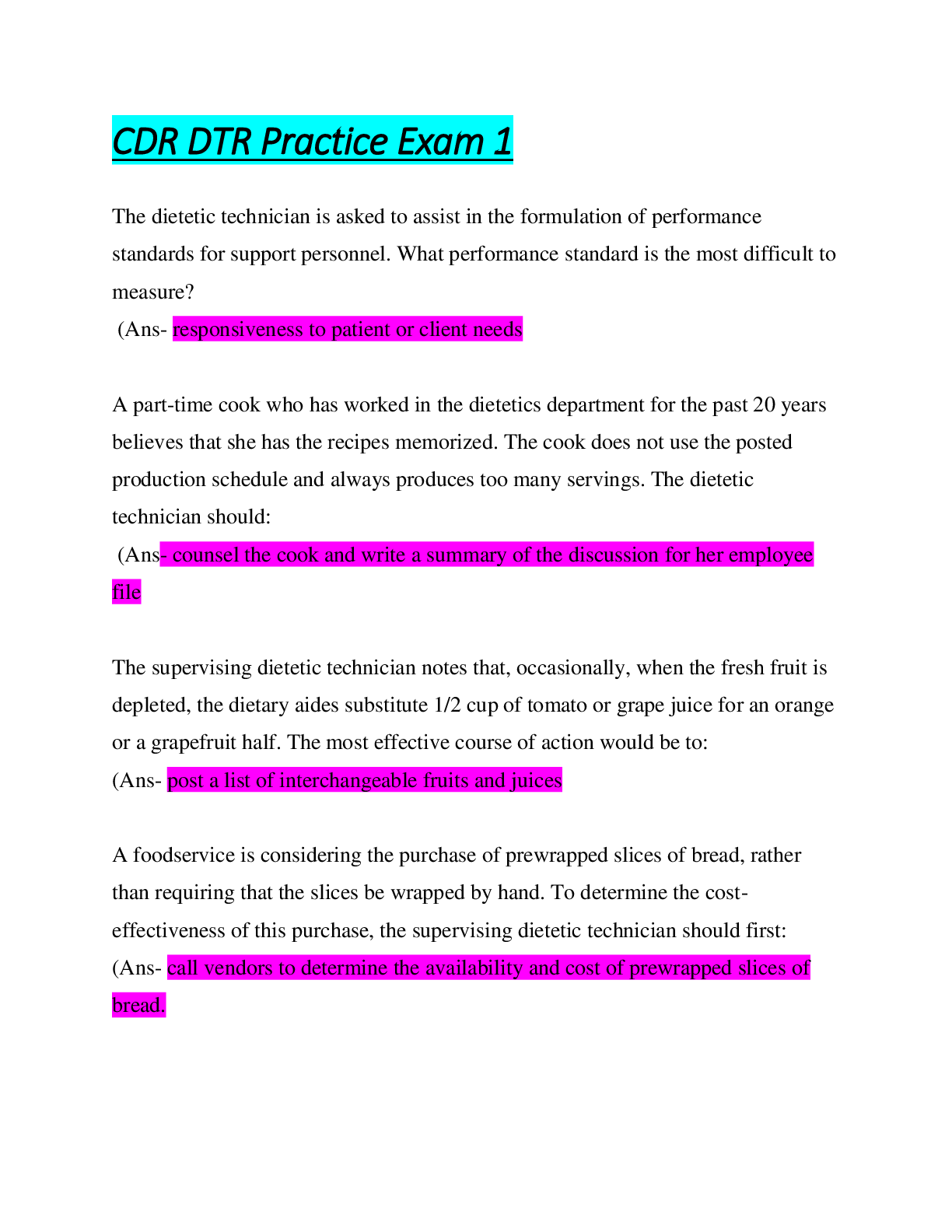 CDR DTR Practice Exam 1: Questions & Answers ; Guaranteed A+ ;Updated ...