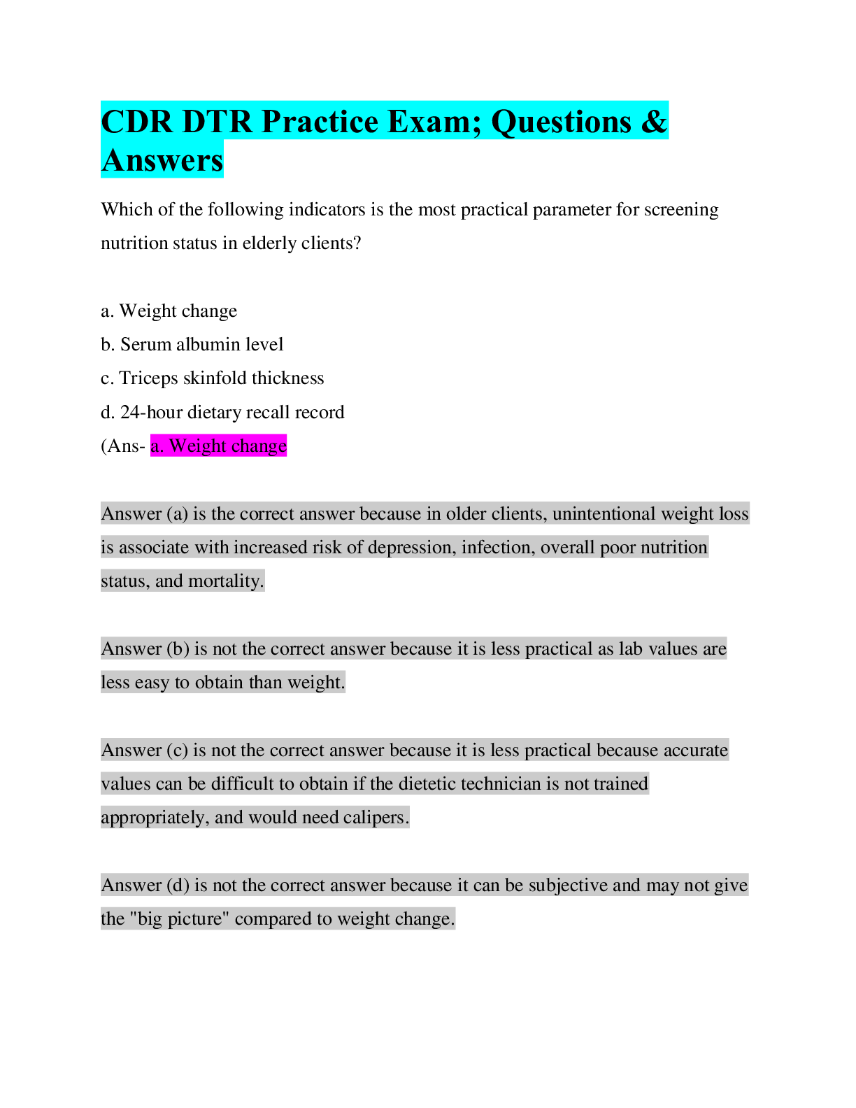 CDR DTR Practice Exam; Questions & Answers; Guaranteed A+ Score: Latest ...