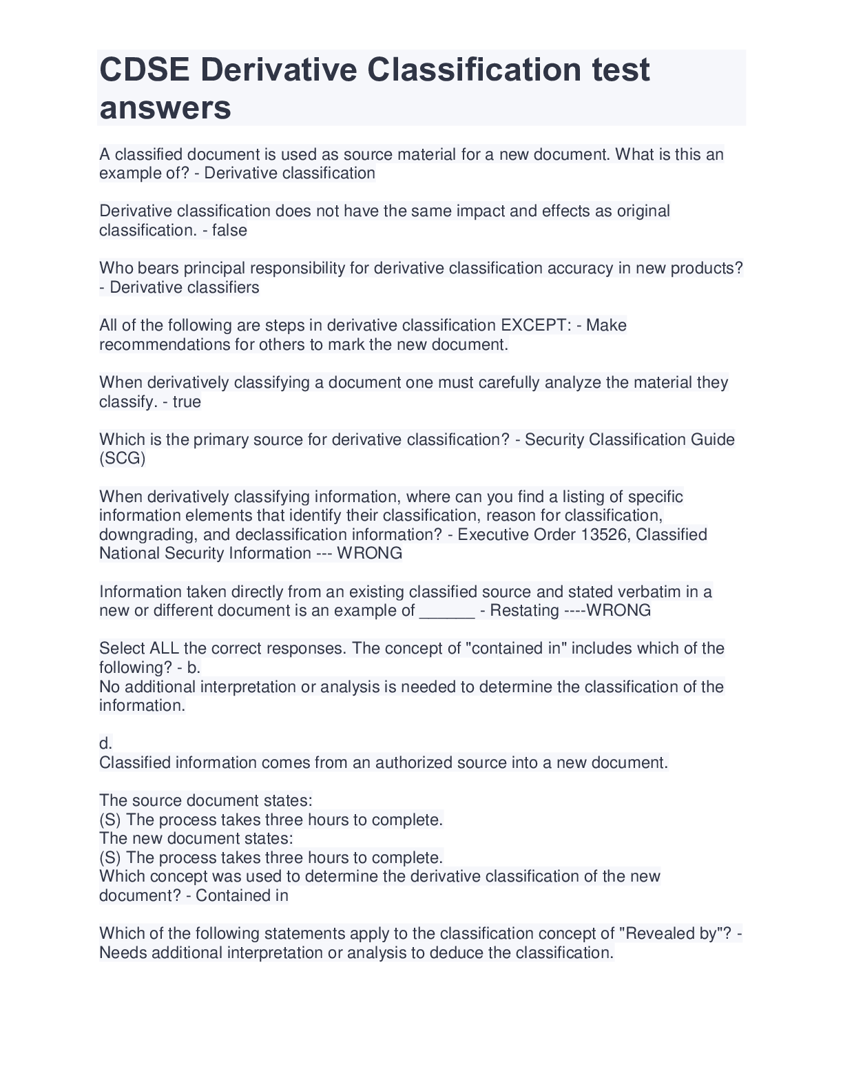 CDSE Derivative Classification test answers - Scholarfriends