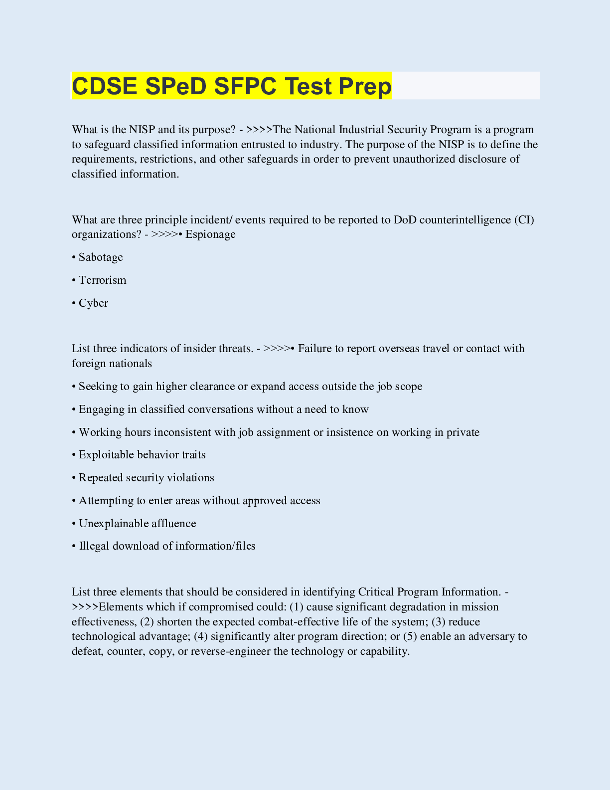 CDSE SPeD SFPC Test Prep | 40 Questions with 100% Correct Answers ...