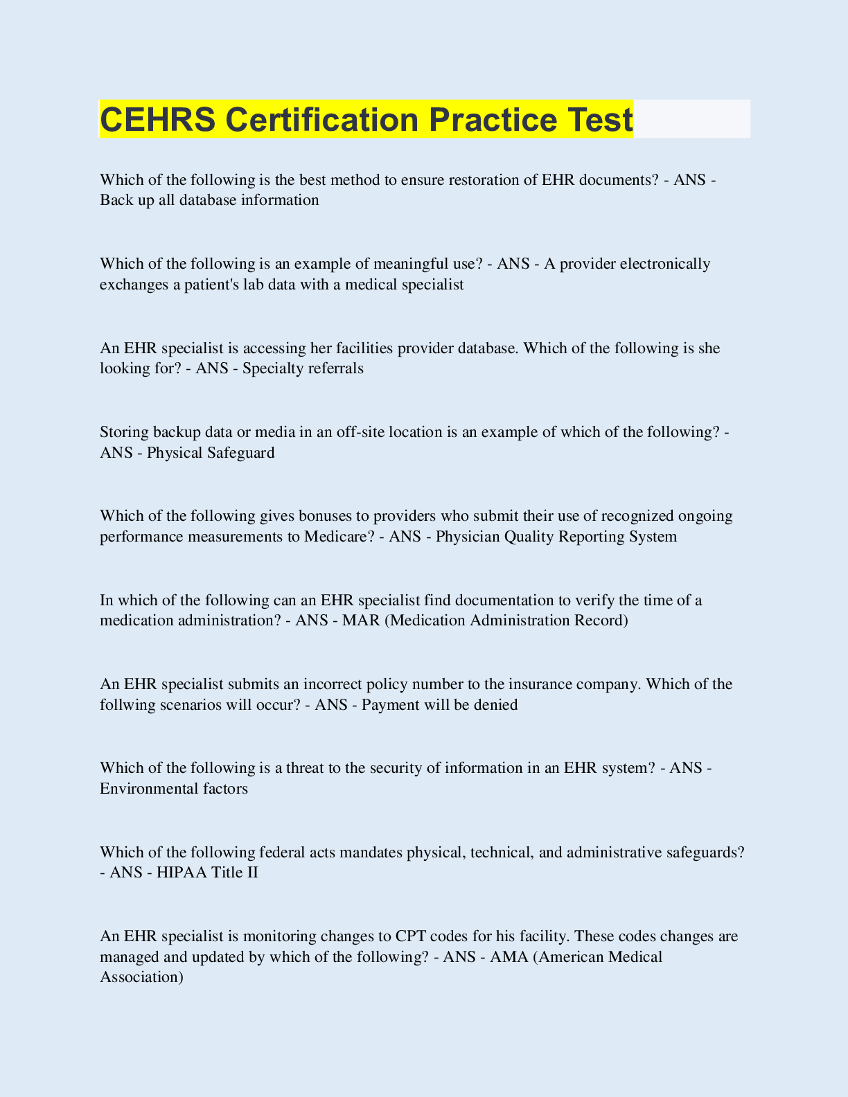 CEHRS Certification Practice Test | 100 Questions with 100% Correct ...