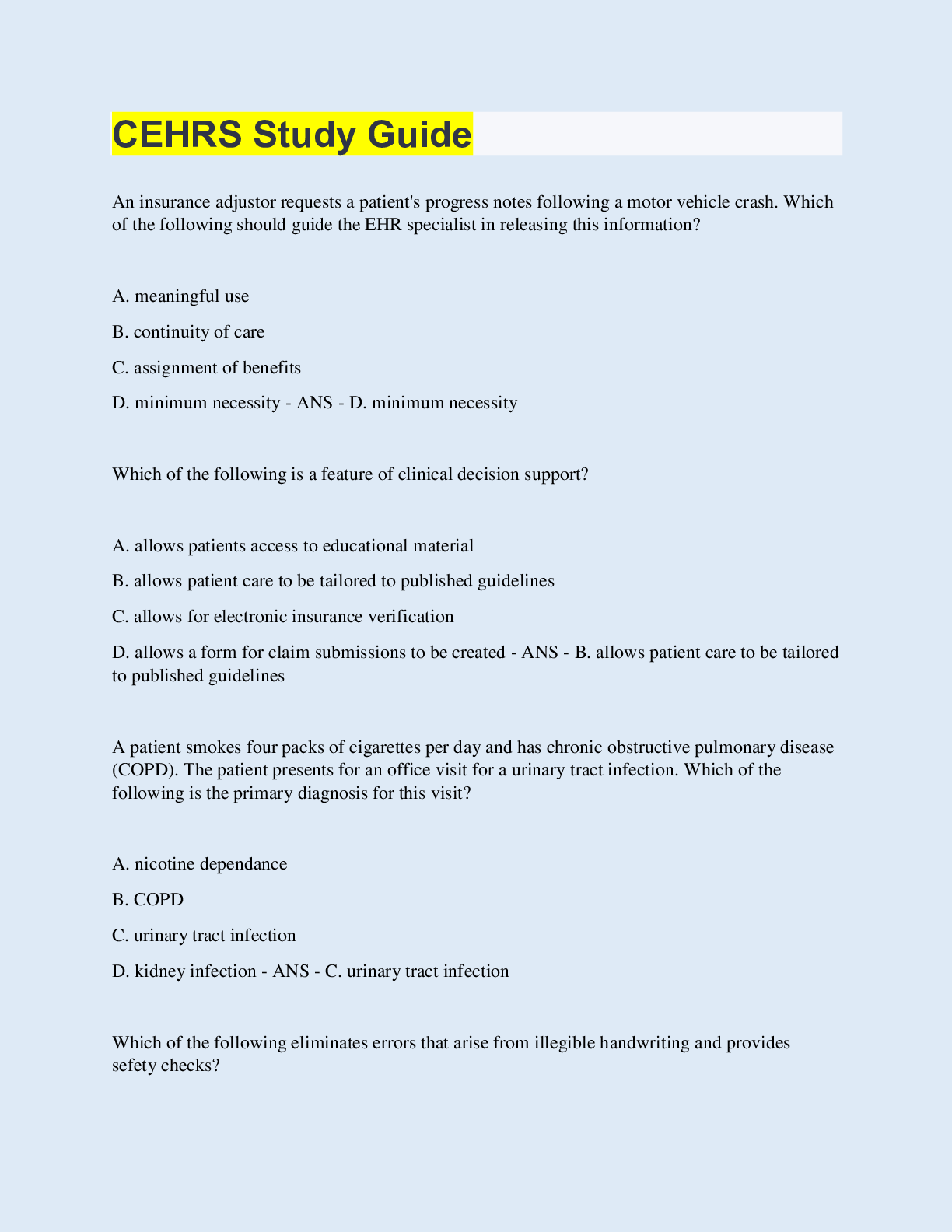 CEHRS Study Guide | 140 Questions with 100% Correct Answers | Updated ...