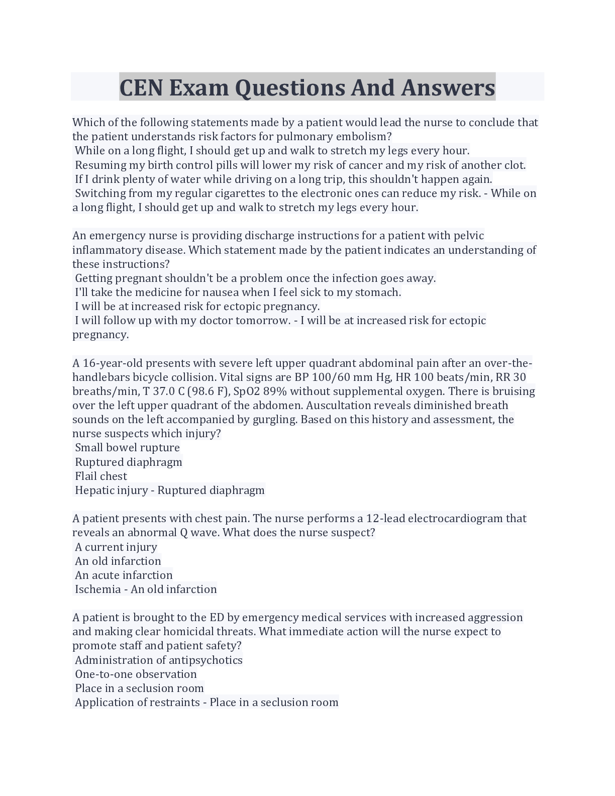 CEN Exam Questions and answers. 2022 predictor questions. - Scholarfriends