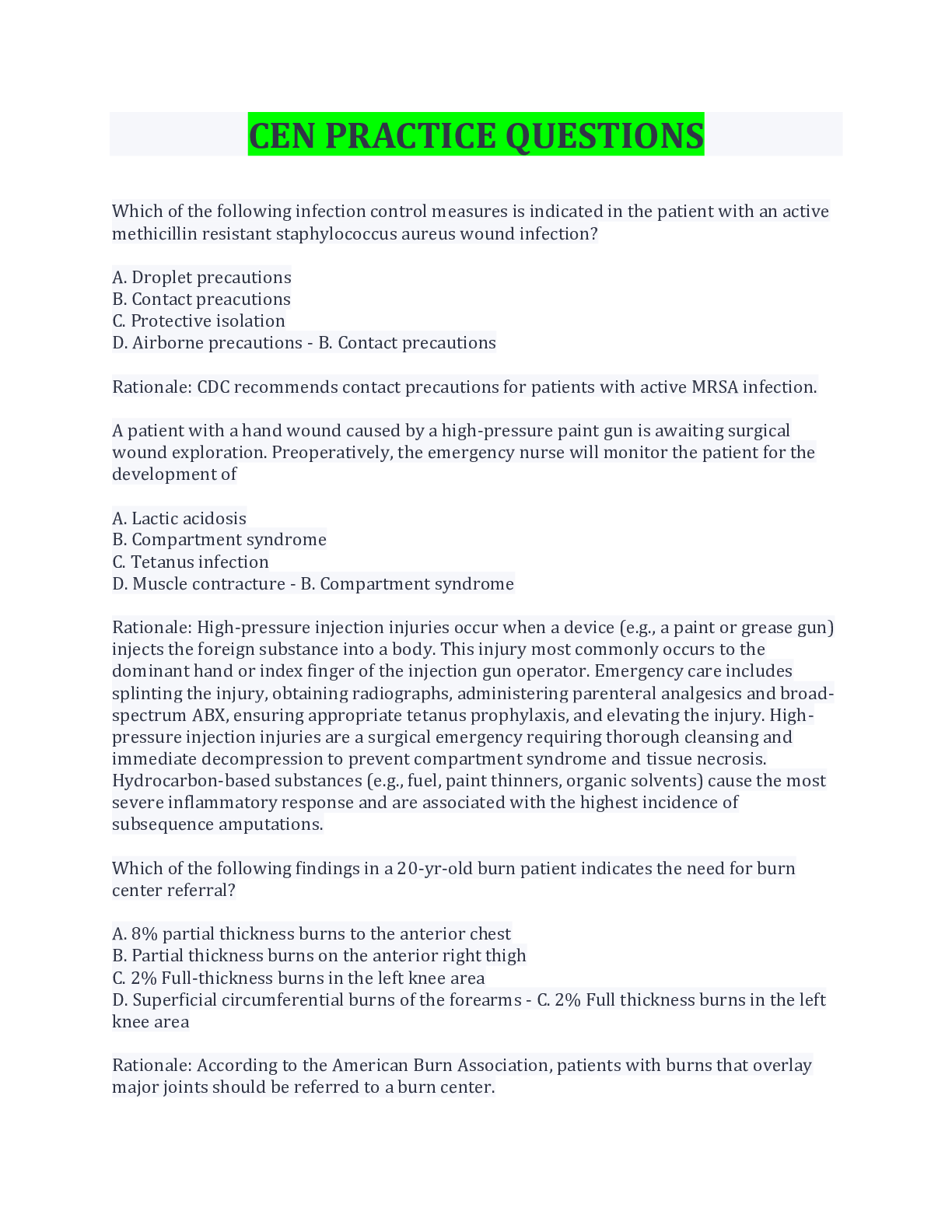 CEN PRACTICE QUESTIONS AND ANSWERS LATEST UPDATE WITH COMPLETE SOLUTION ...