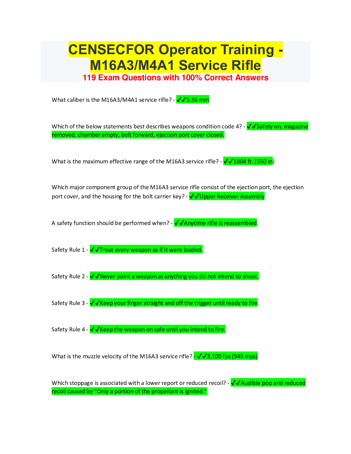 CENSECFOR Operator Training - M16A3/M4A1 Service Rifle 119 Exam ...
