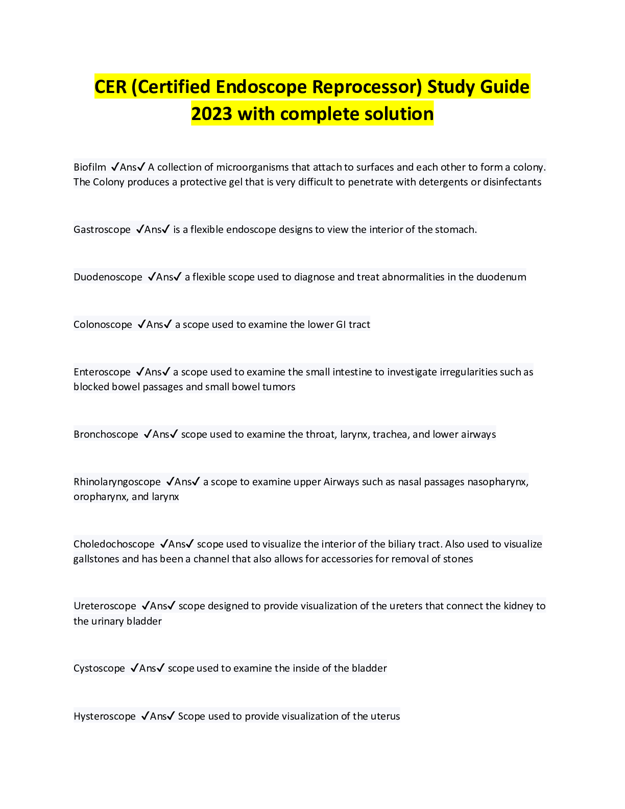 CER (Certified Endoscope Reprocessor) Study Guide 2023 with complete ...