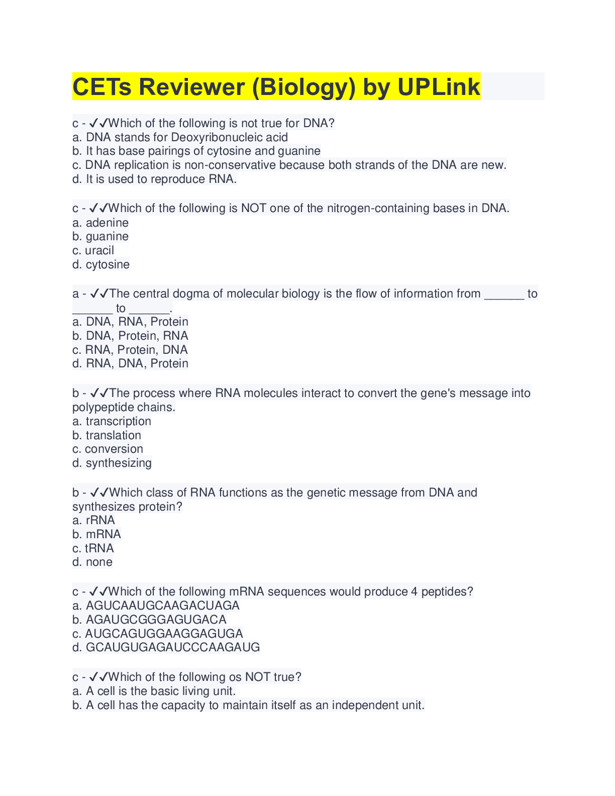 CETs Reviewer (Biology) by UPLink | with Complete Solution ...