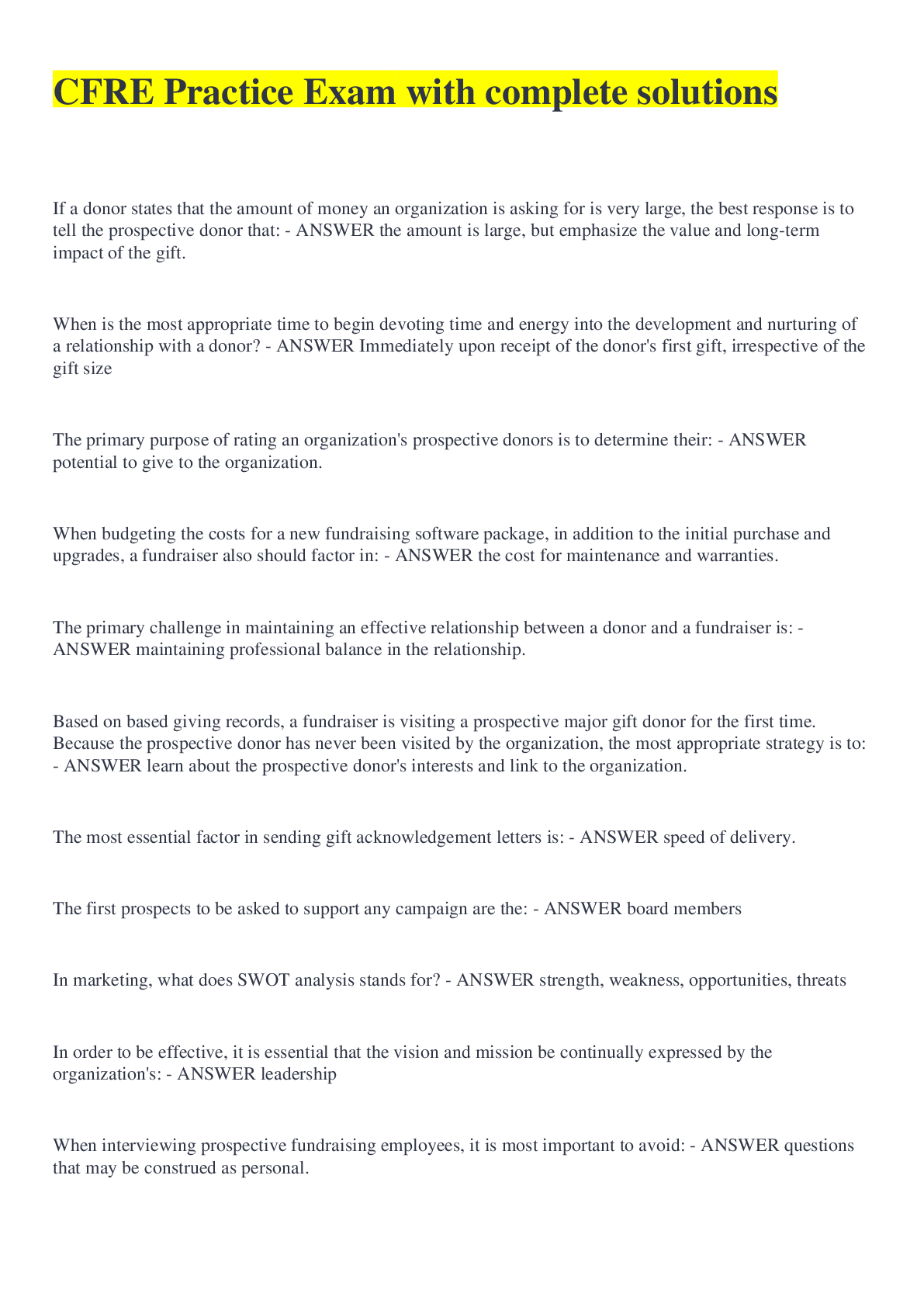 CFRE Practice Exam with complete solutions - Scholarfriends