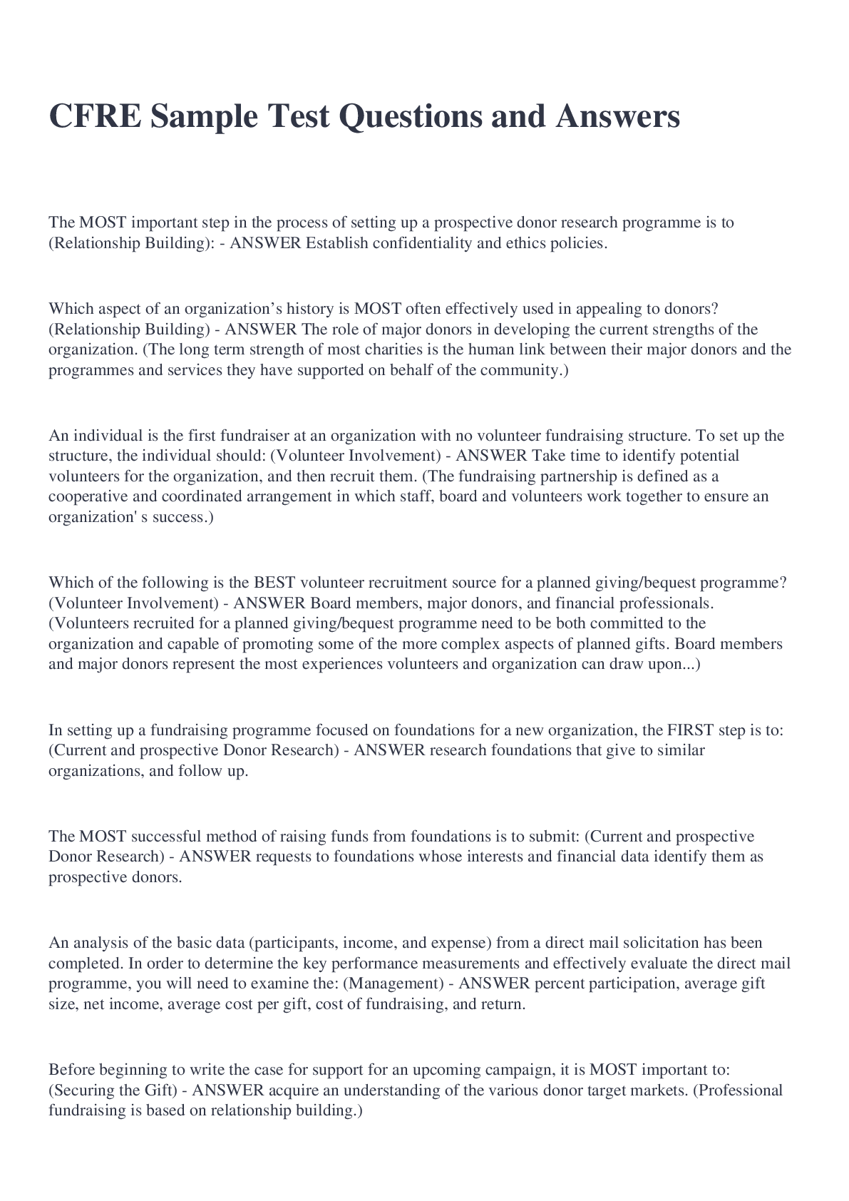 CFRE Sample Test Questions and Answers - Scholarfriends