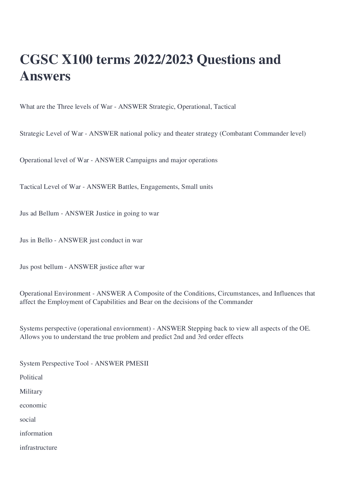 CGSC X100 terms 2022/2023 Questions and Answers - Scholarfriends