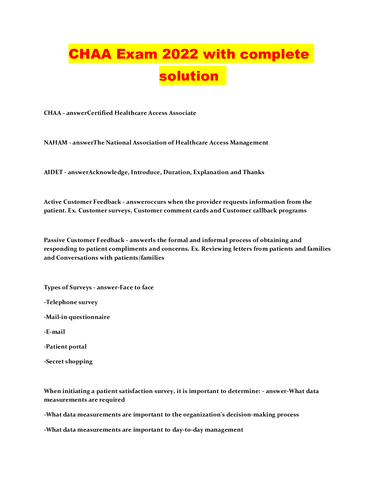 CHAA Exam 2022 with complete solution - Scholarfriends