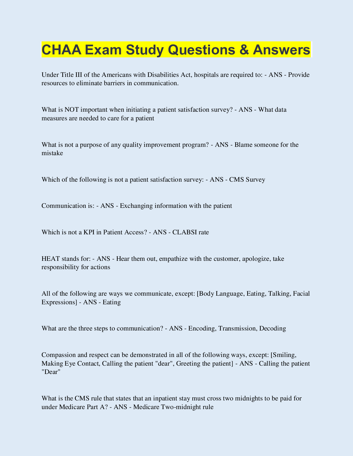 CHAA Exam Study Questions & Answers | 80 Questions with 100% Correct ...