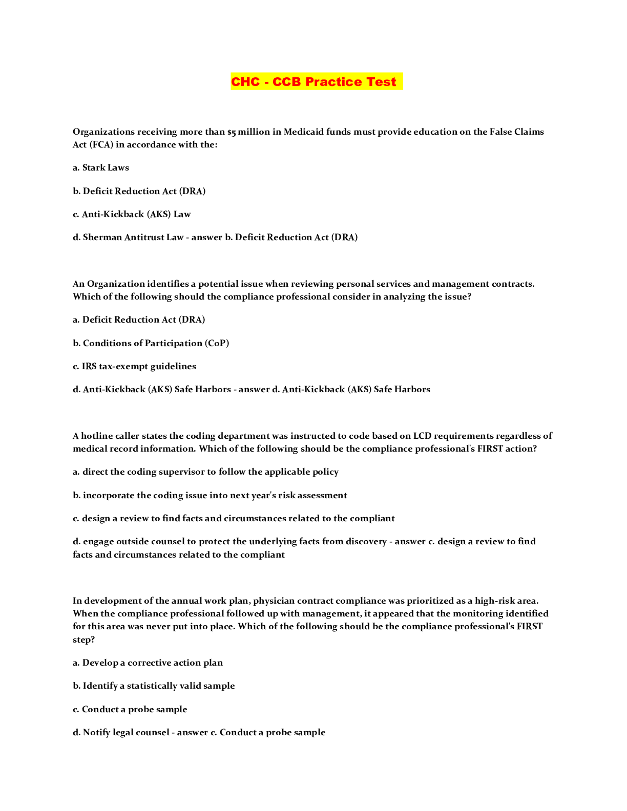 CHC - CCB Practice Test - Scholarfriends