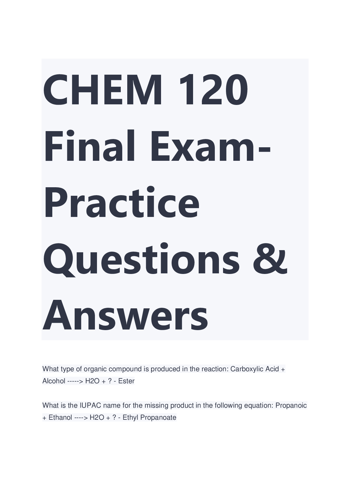 CHEM 120 Final Exam-Practice Questions & Answers Latest 2023/2024 ...