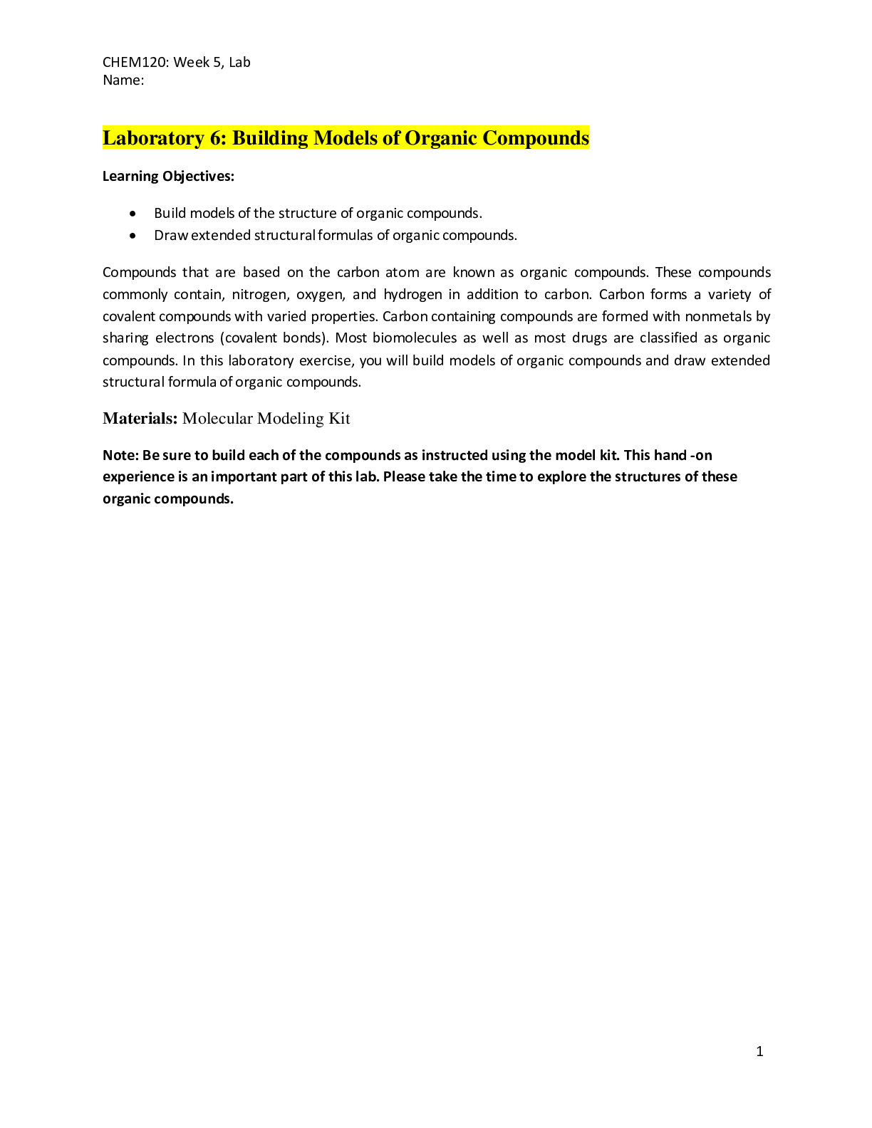 CHEM 120 Week 5 Lab 6:Building Models of Organic Compounds - Scholarfriends