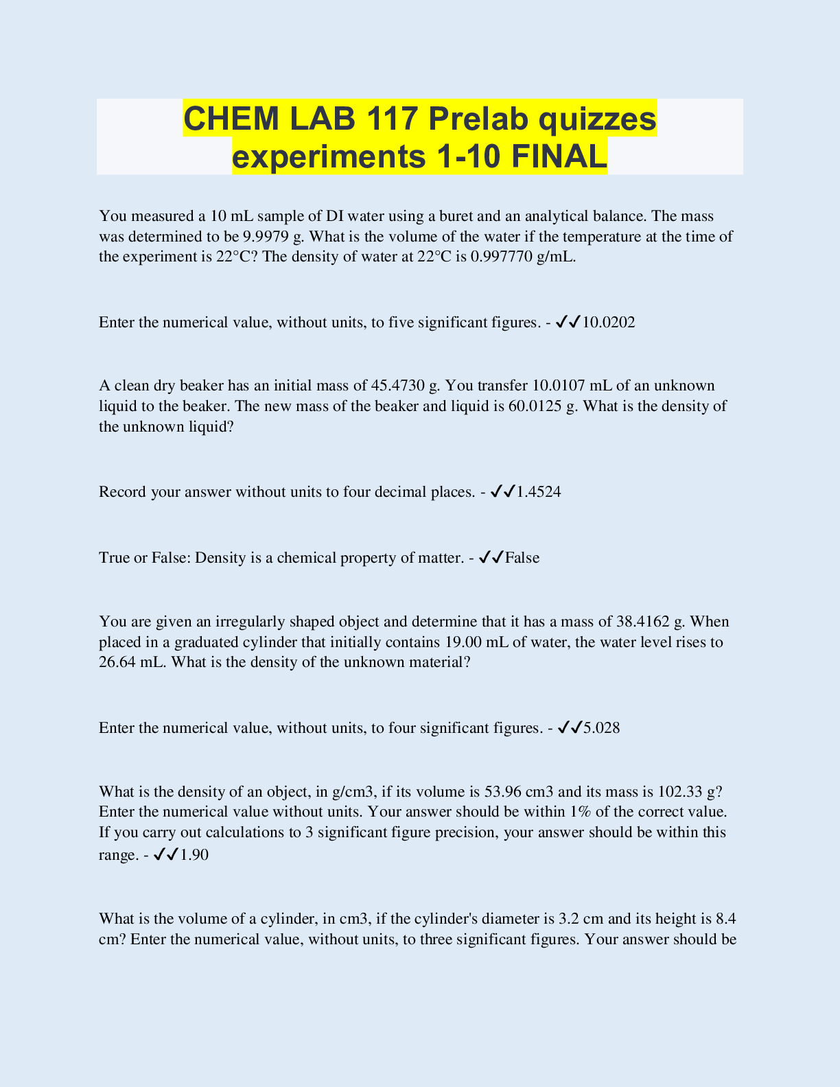 CHEM LAB 117 Prelab quizzes experiments 1-10 FINAL | 80 Questions with ...