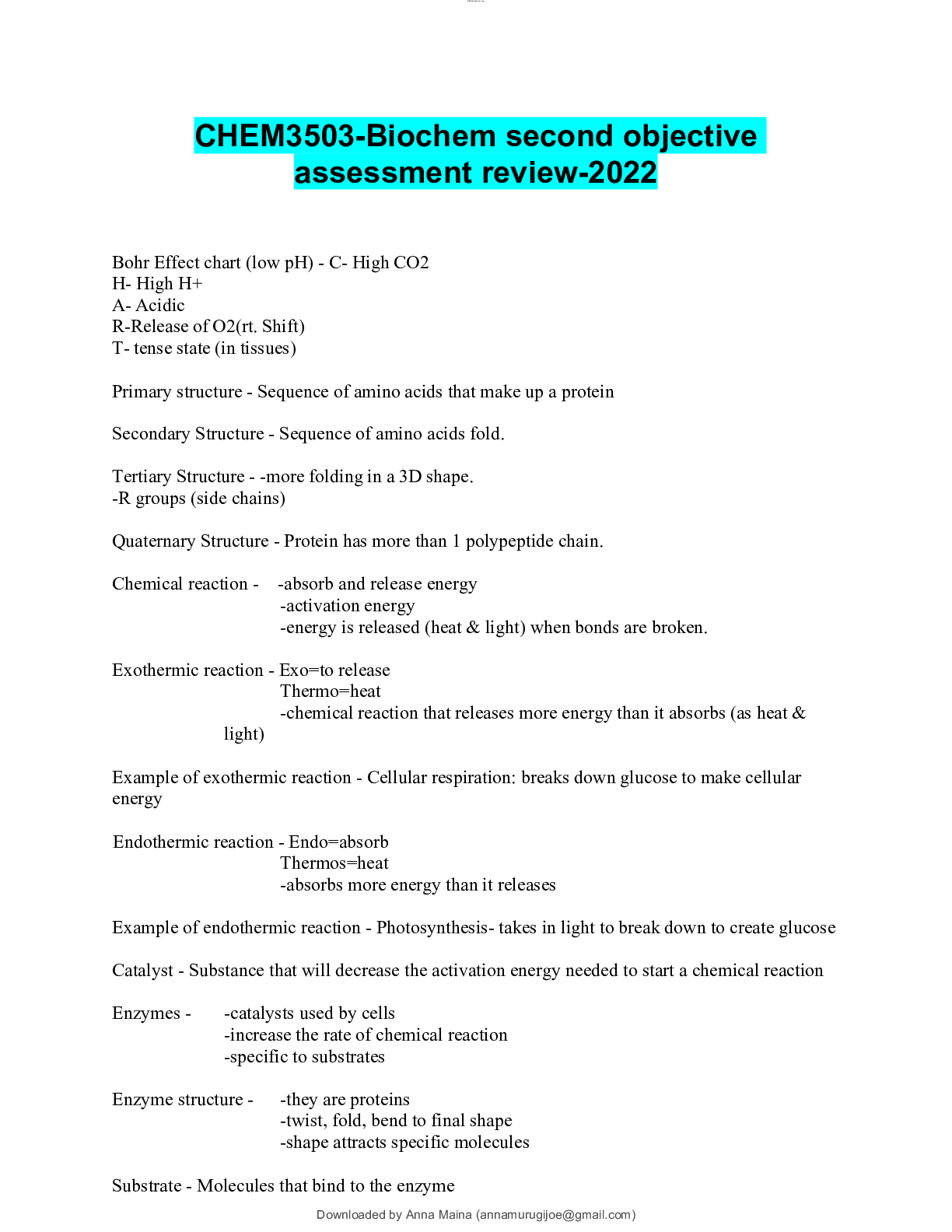 CHEM3503-Biochem second objective assessment review-2022 - Scholarfriends