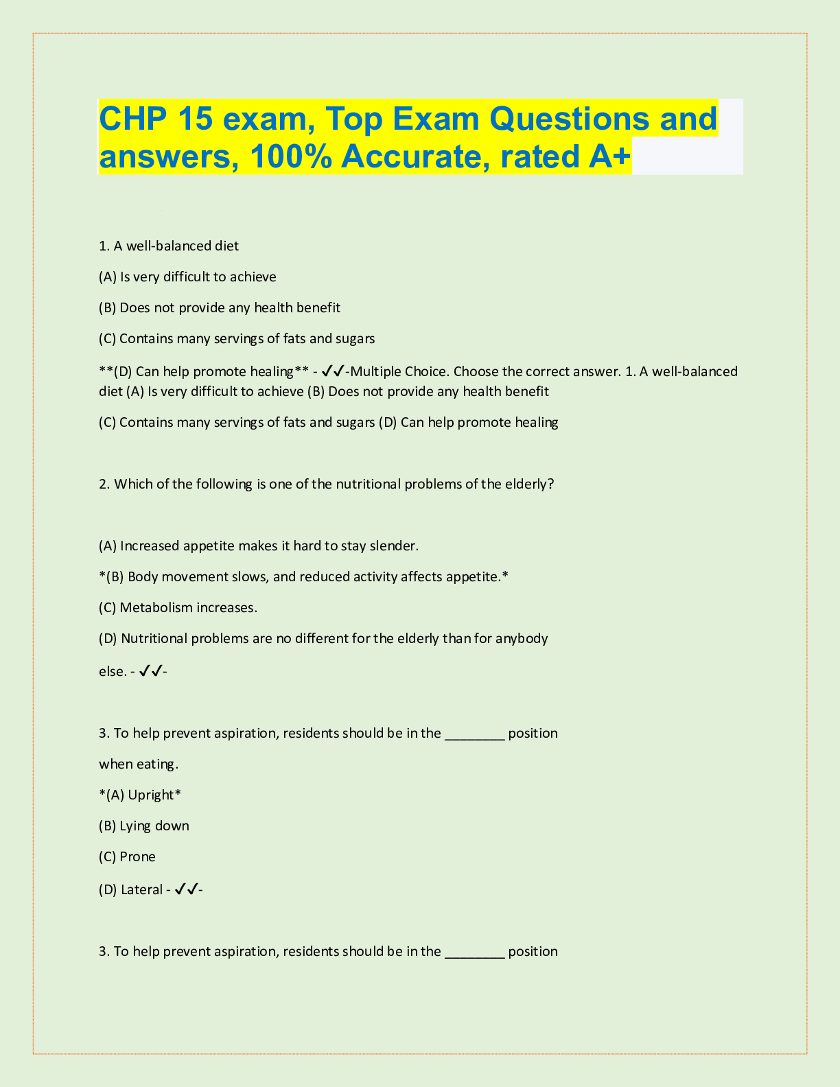 CHP 15 exam, Top Exam Questions and answers, 100% Accurate, rated A+ 1 ...