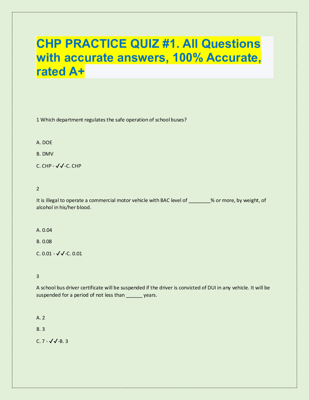CHP PRACTICE QUIZ #1. All Questions with accurate answers, 100% ...