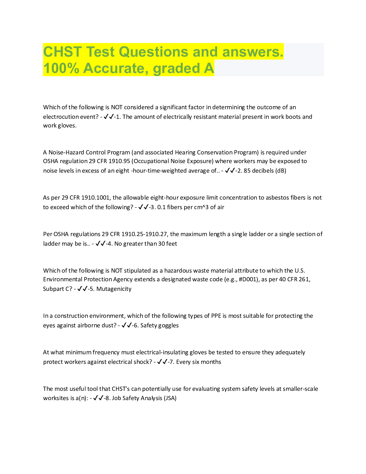 CHST Test Questions and answers. 100% Accurate, graded A - Scholarfriends