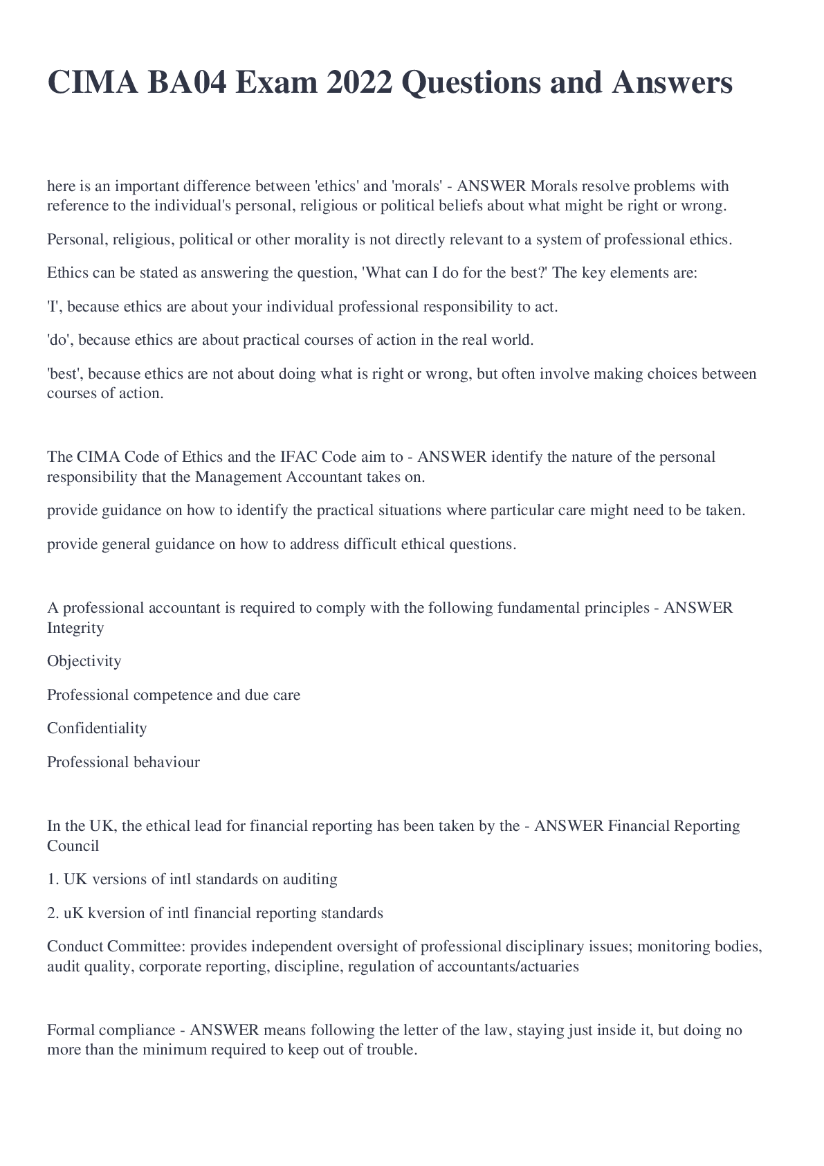 CIMA BA04 Exam 2022 Questions and Answers - Scholarfriends