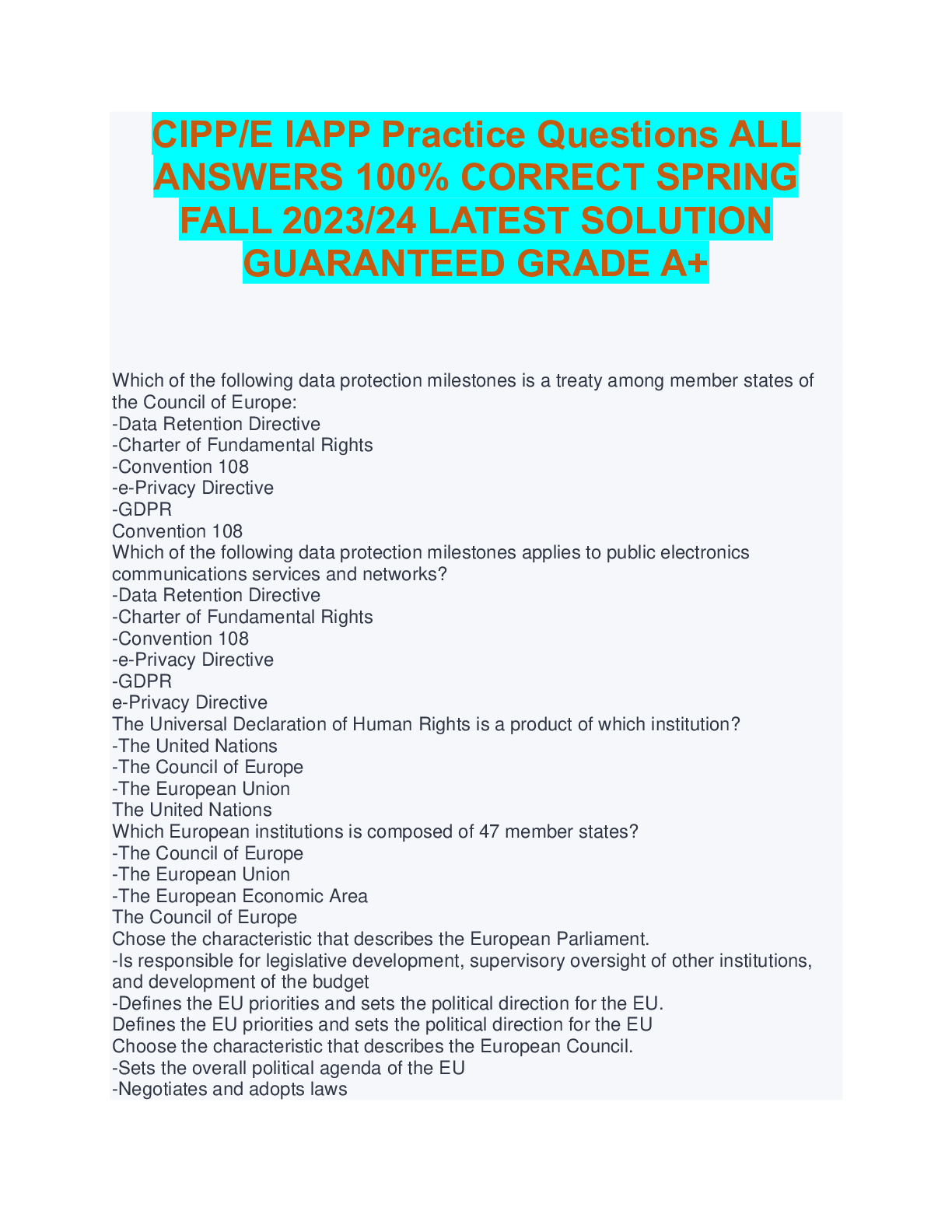 CIPP/E IAPP Practice Questions ALL ANSWERS 100% CORRECT SPRING FALL ...