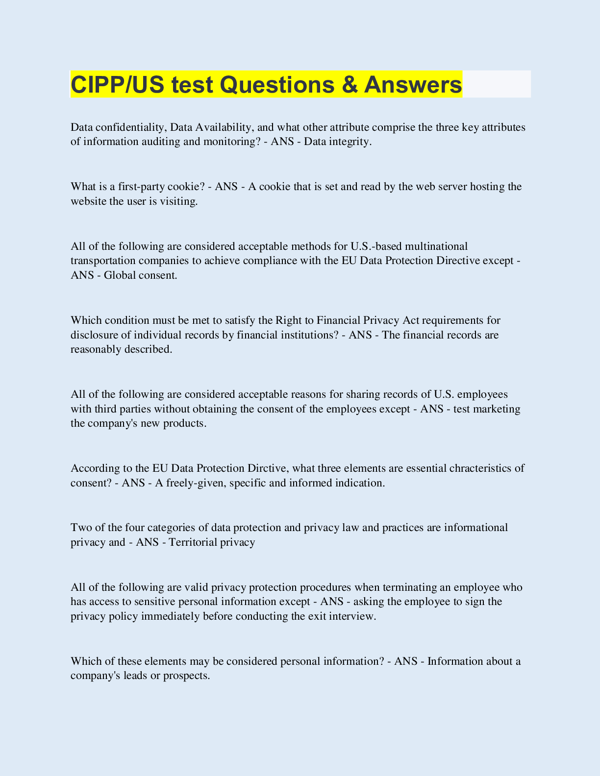 CIPP/US test Questions & Answers - Scholarfriends