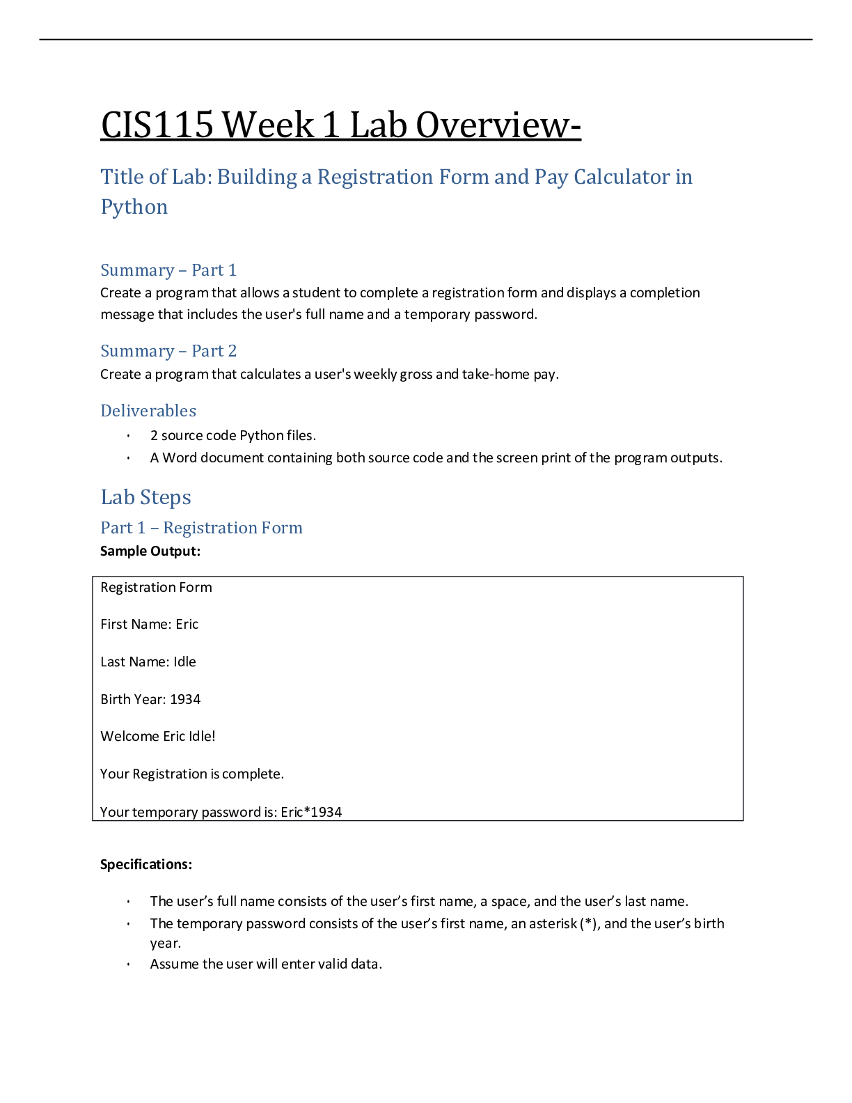 CIS 115 Week 1 iLab Building a Registration Form and Pay Calculator in ...