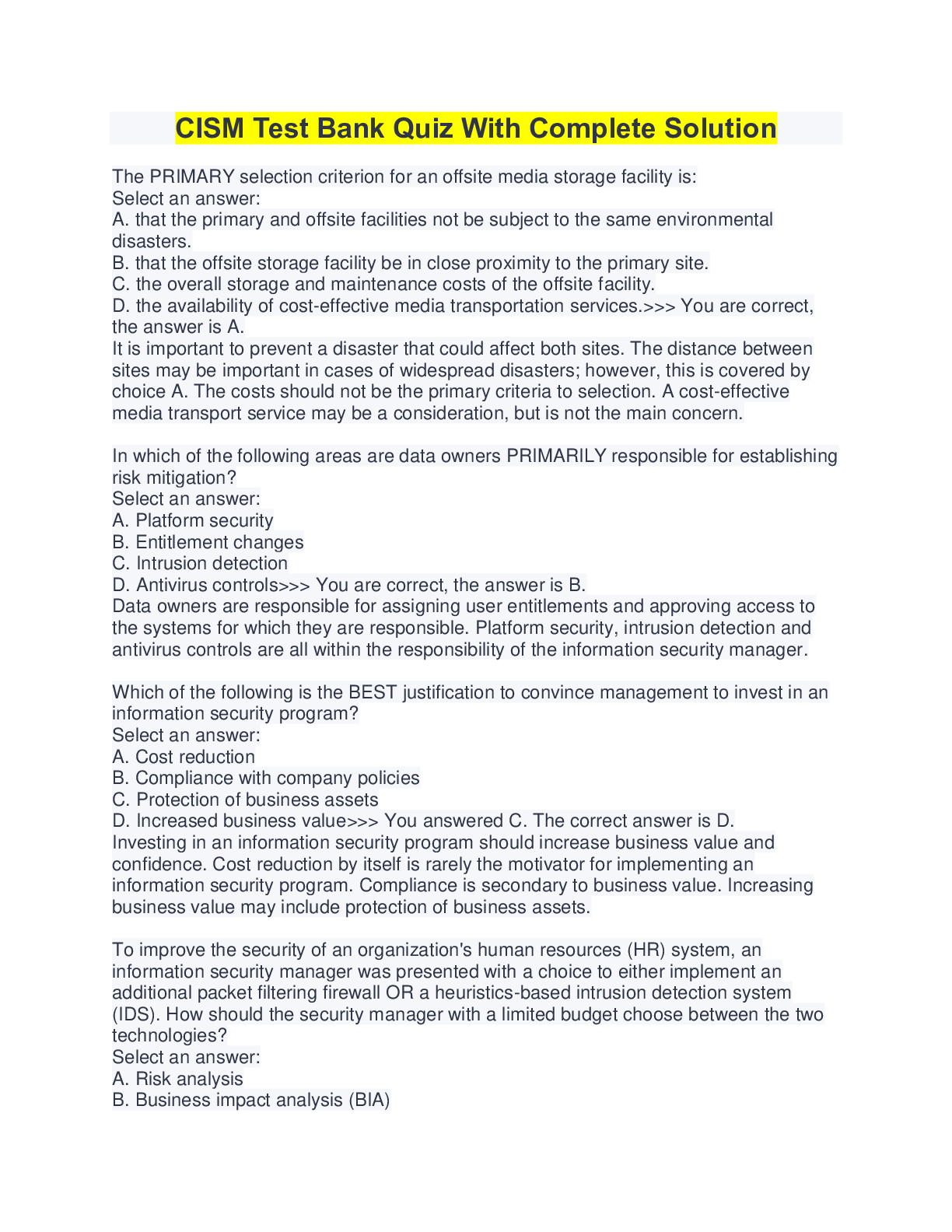 CISM Test Bank Quiz With Complete Solution - Scholarfriends