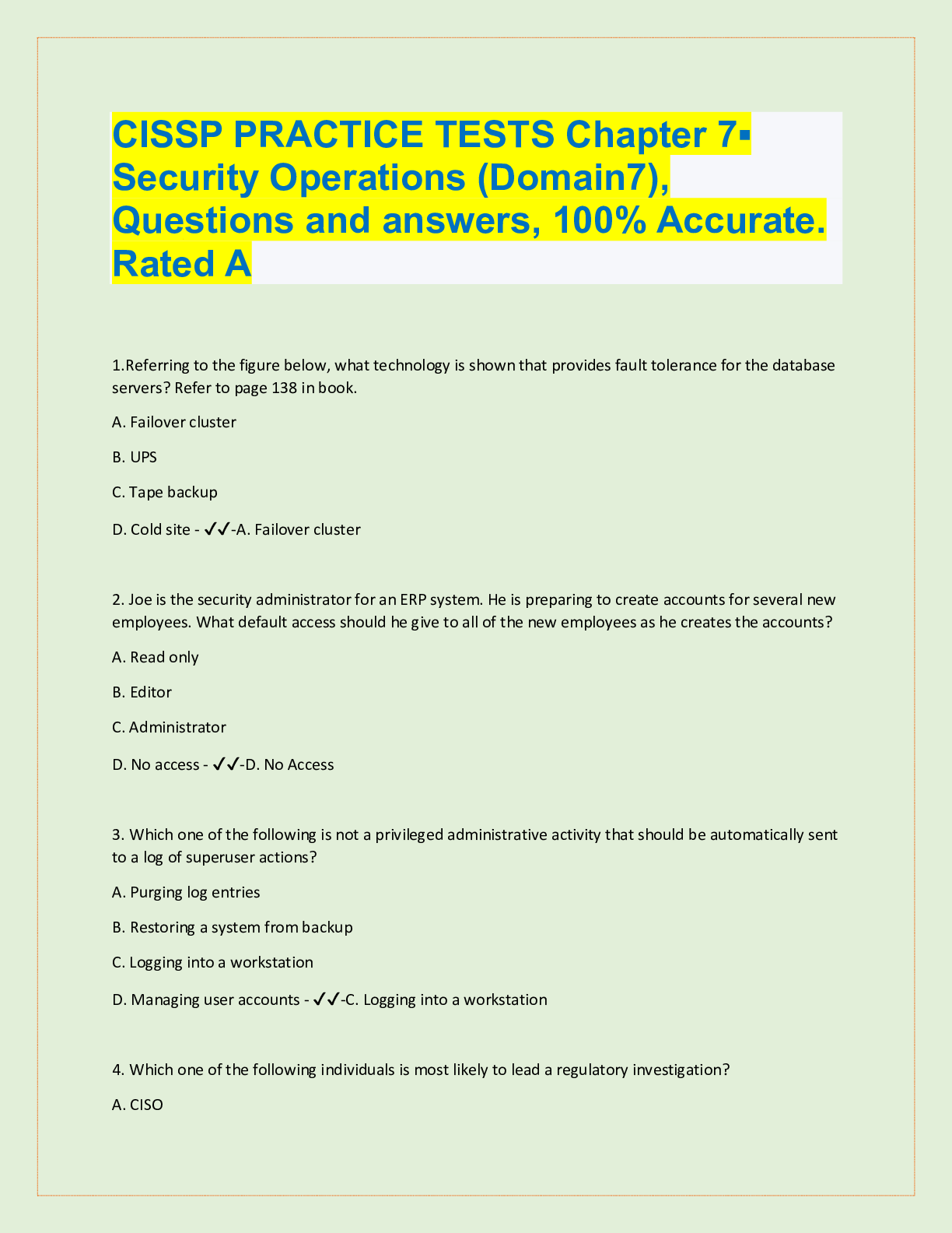 CISSP PRACTICE TESTS Chapter 7 Security Operations (Domain7), Questions ...