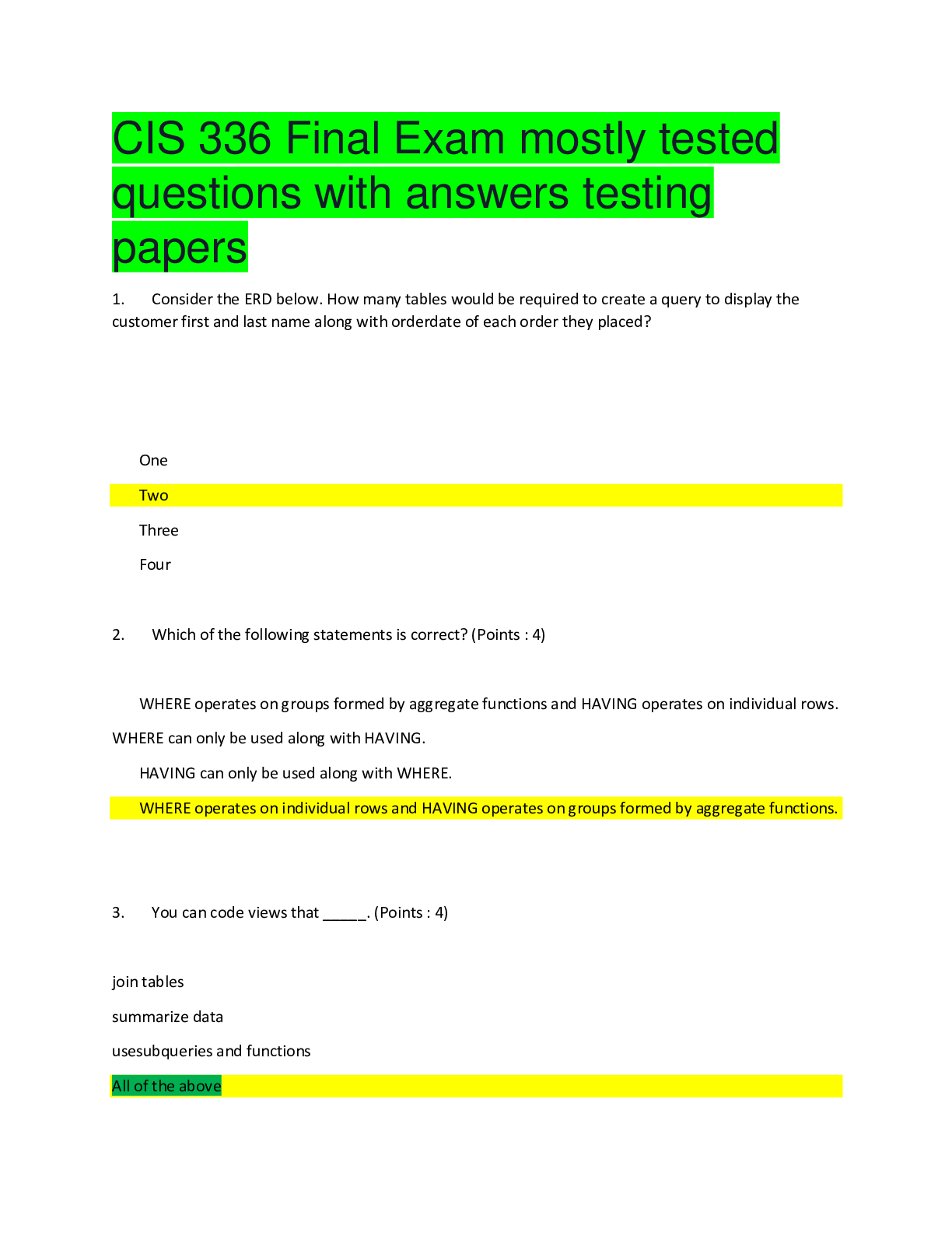 CIS 336 Final Exam mostly tested questions with answers testing pape ...