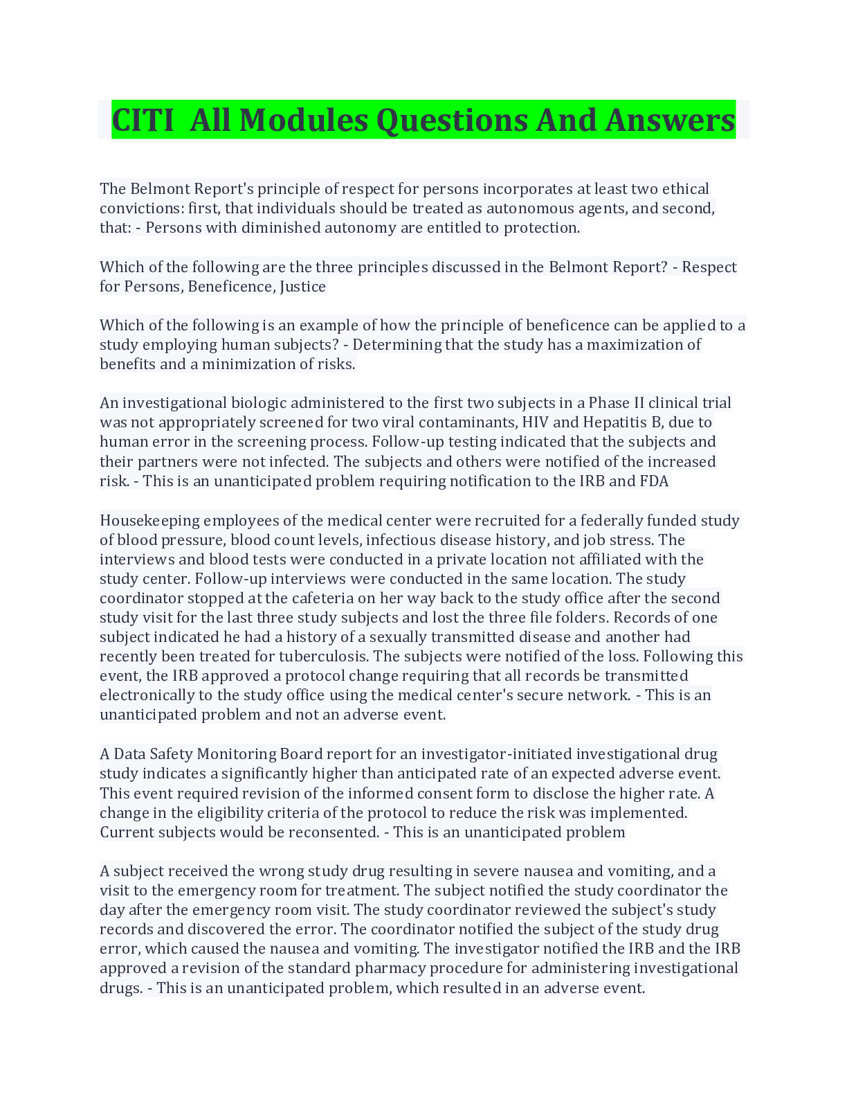 CITI All Modules Questions And Answers With Complete Top Solution Rated ...