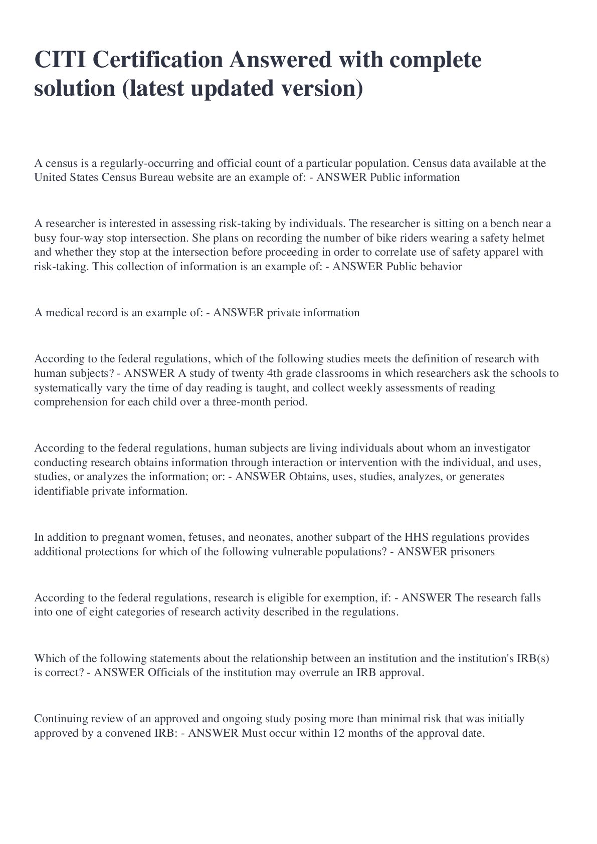 CITI Certification Answered with complete solution (latest updated ...