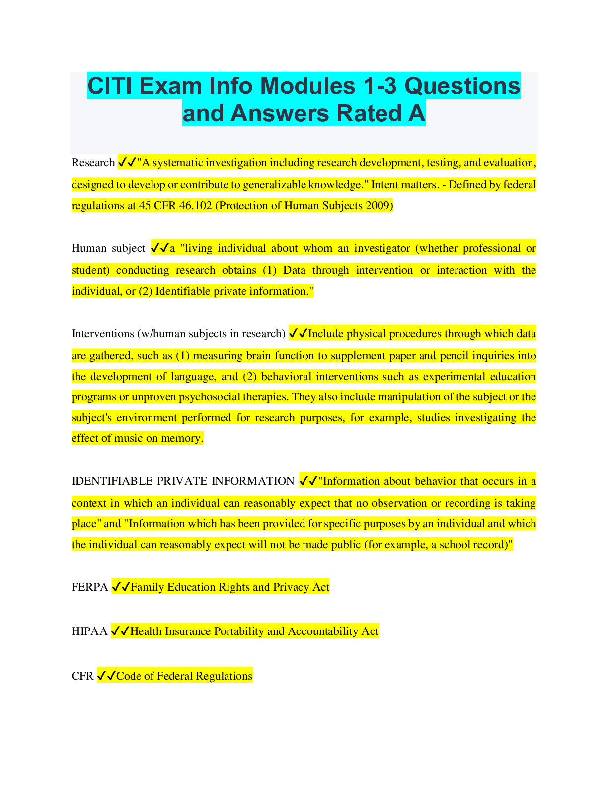 CITI Exam Info Modules 1-3 Questions and Answers Rated A - Scholarfriends