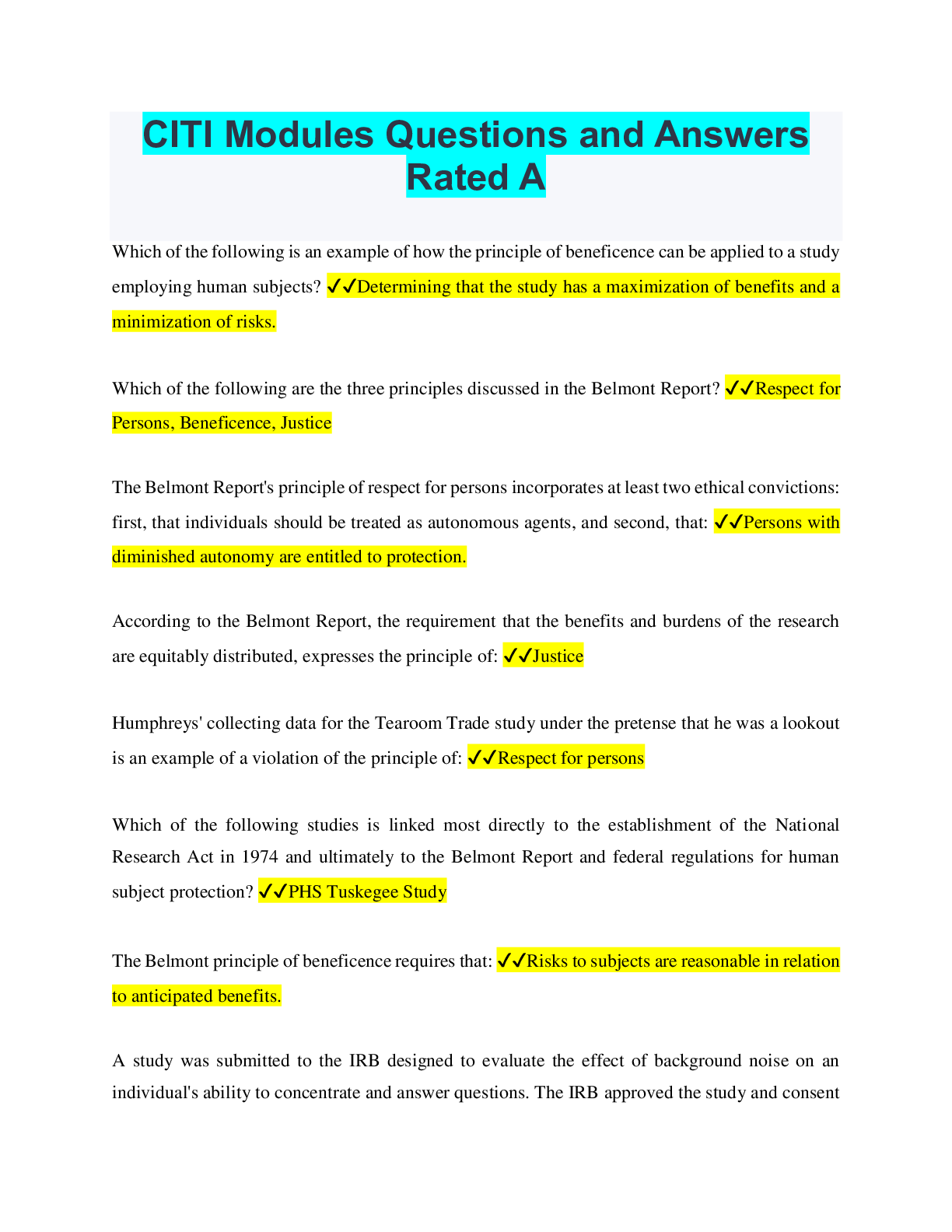CITI Modules Questions and Answers Rated A - Scholarfriends