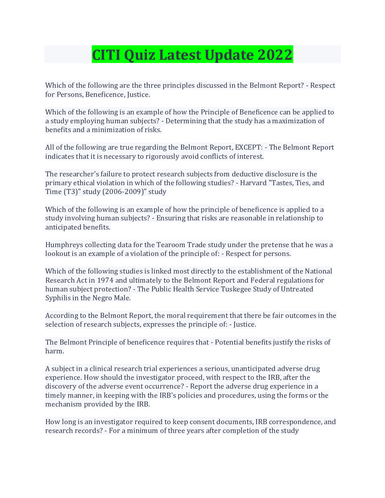 CITI Quiz Latest Update 2022 With Complete Solution. Download ...