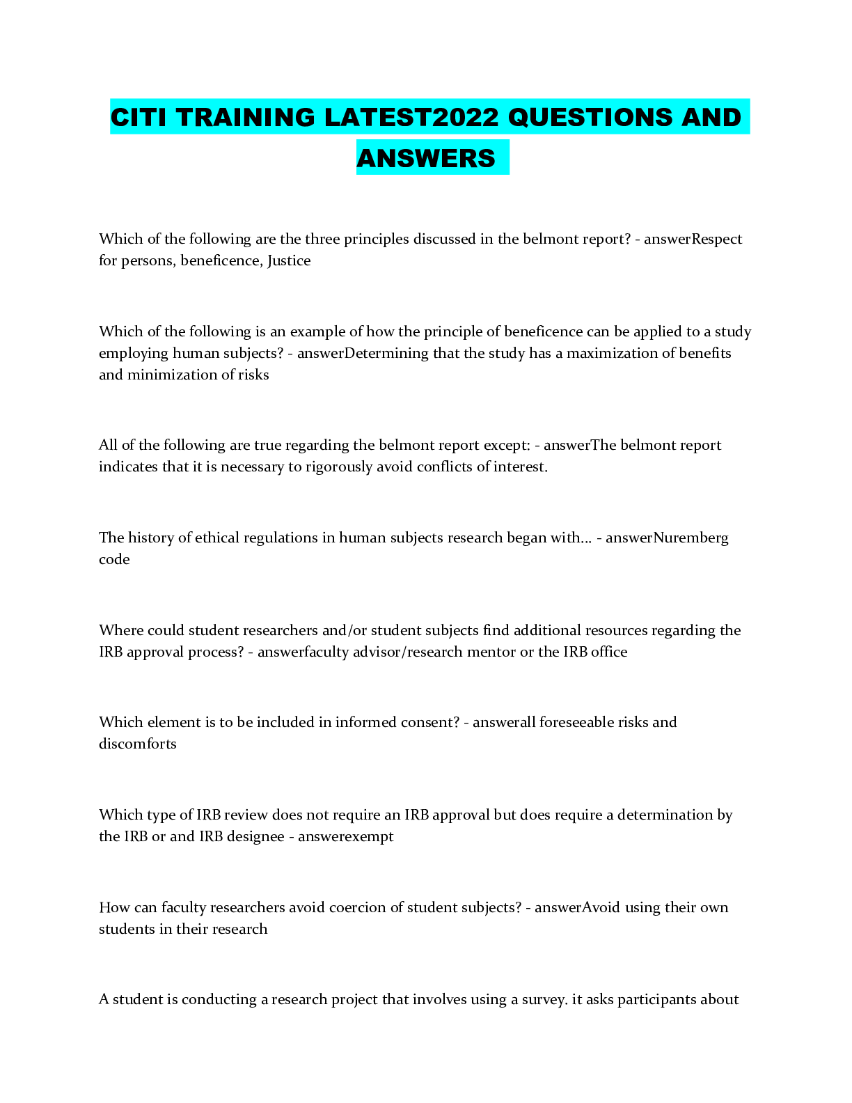 CITI TRAINING LATEST2022 QUESTIONS AND ANSWERS - Scholarfriends