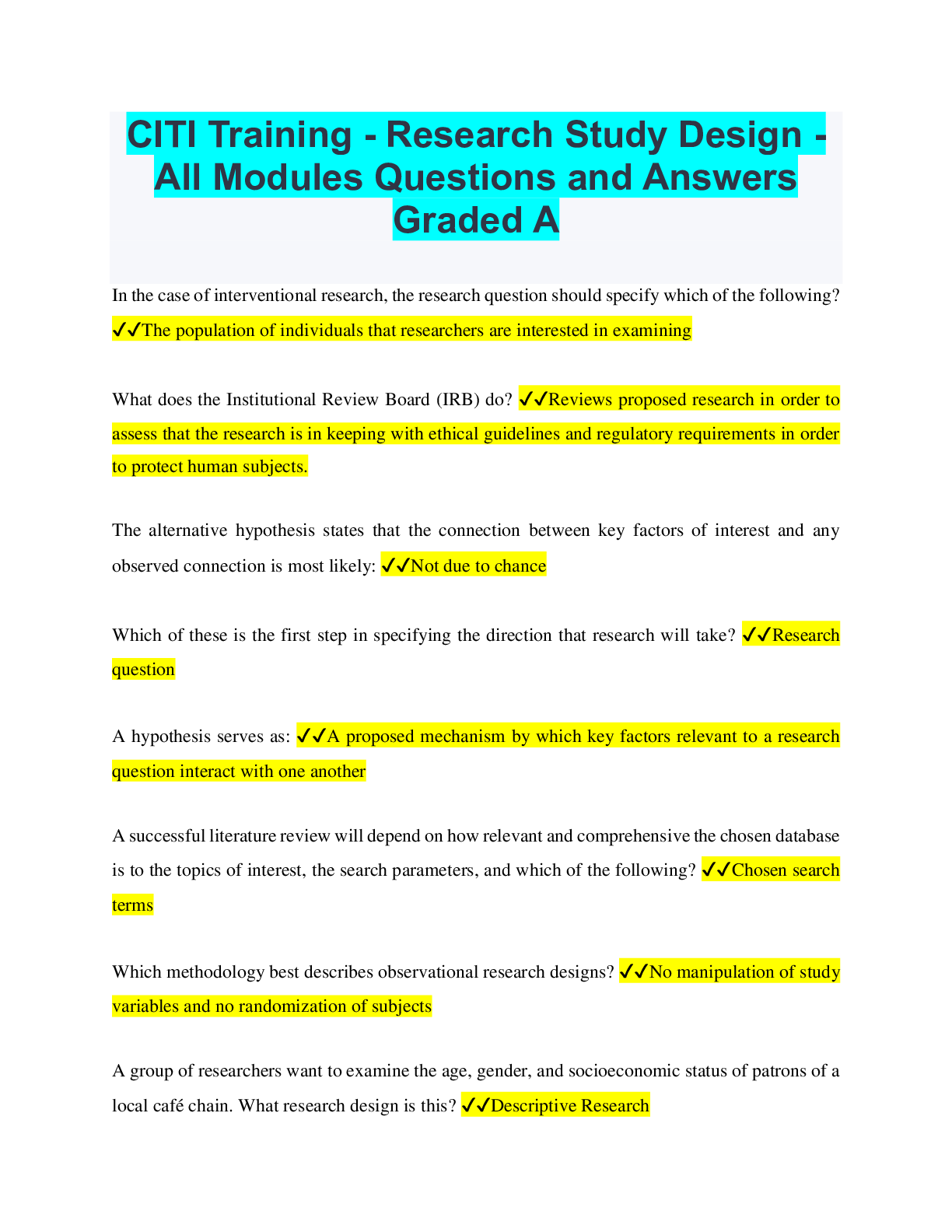 CITI Training - Research Study Design - All Modules Questions and ...