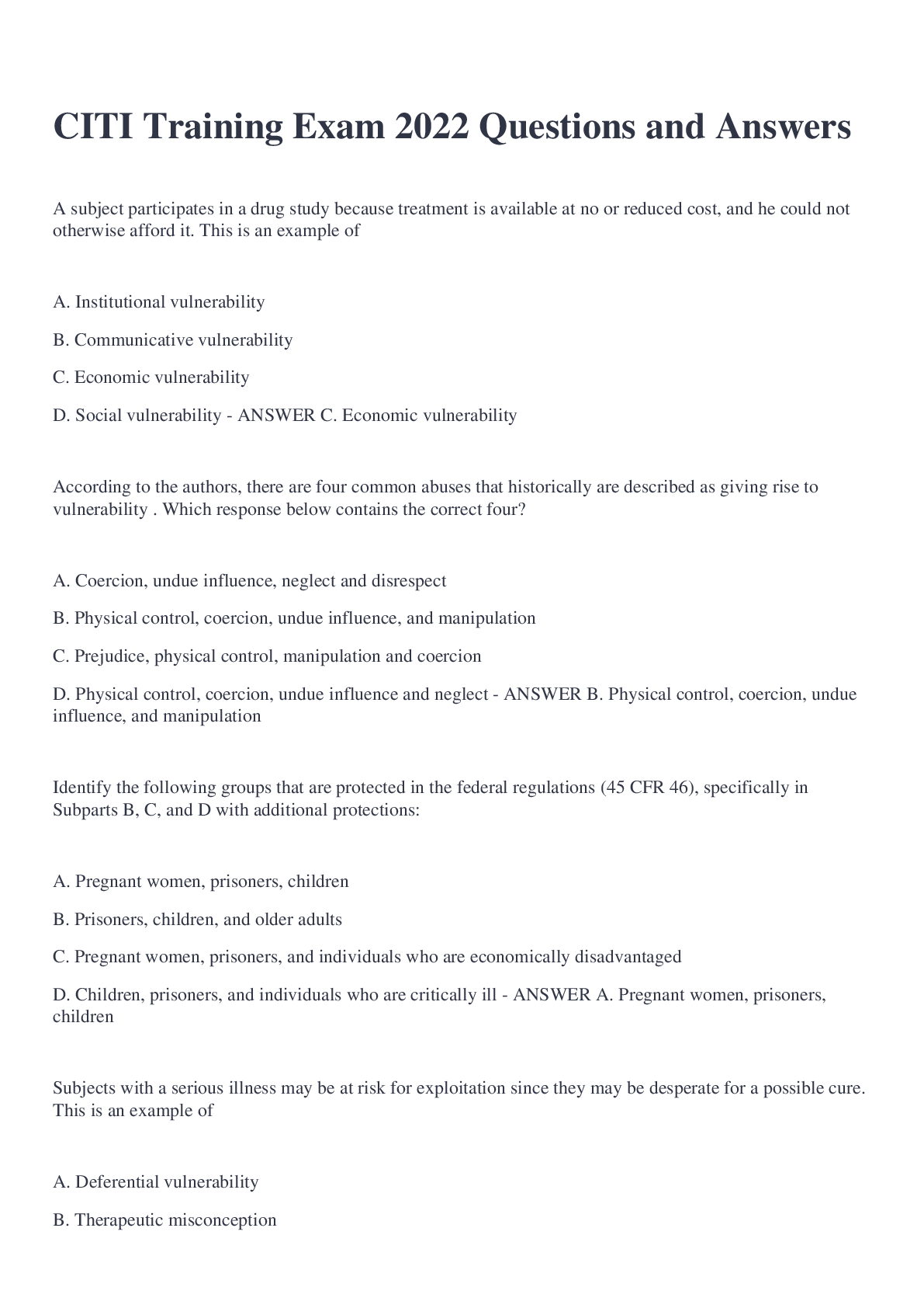 CITI Training Exam 2022 Questions and Answers - Scholarfriends