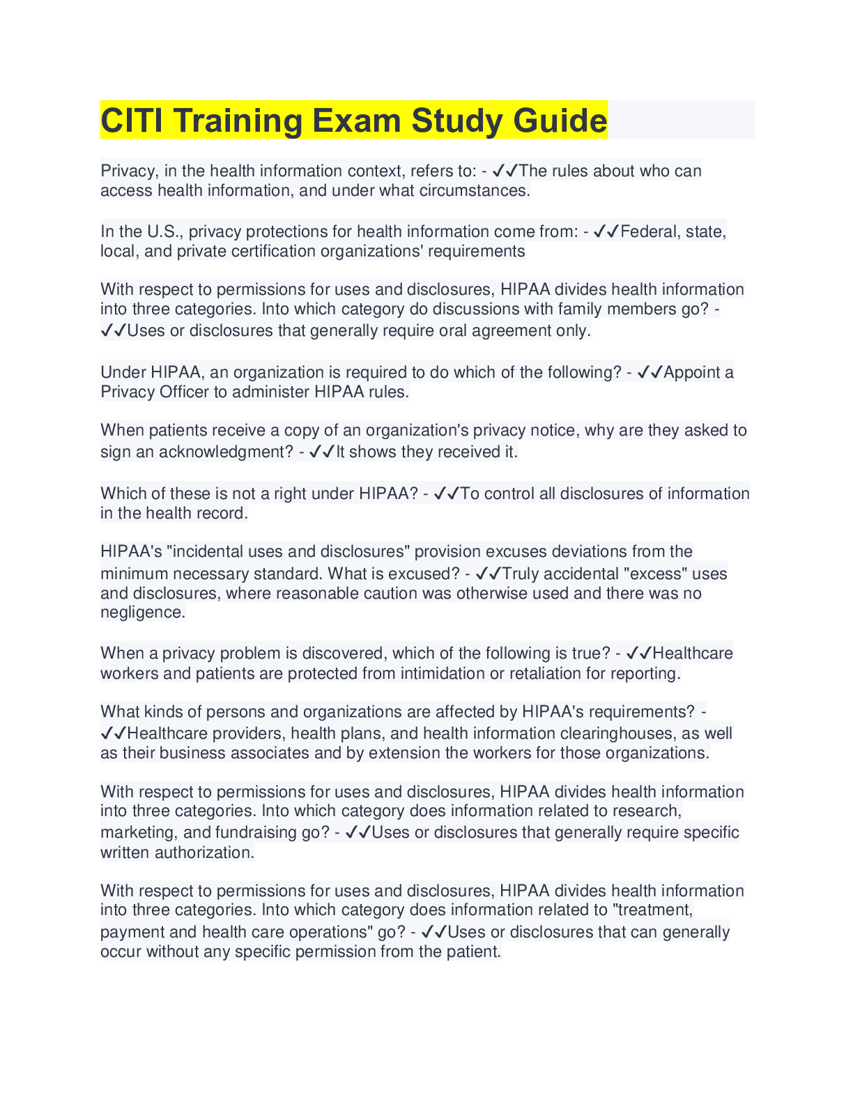 CITI Training Exam Study Guide | 195 Questions with 100% Correct ...